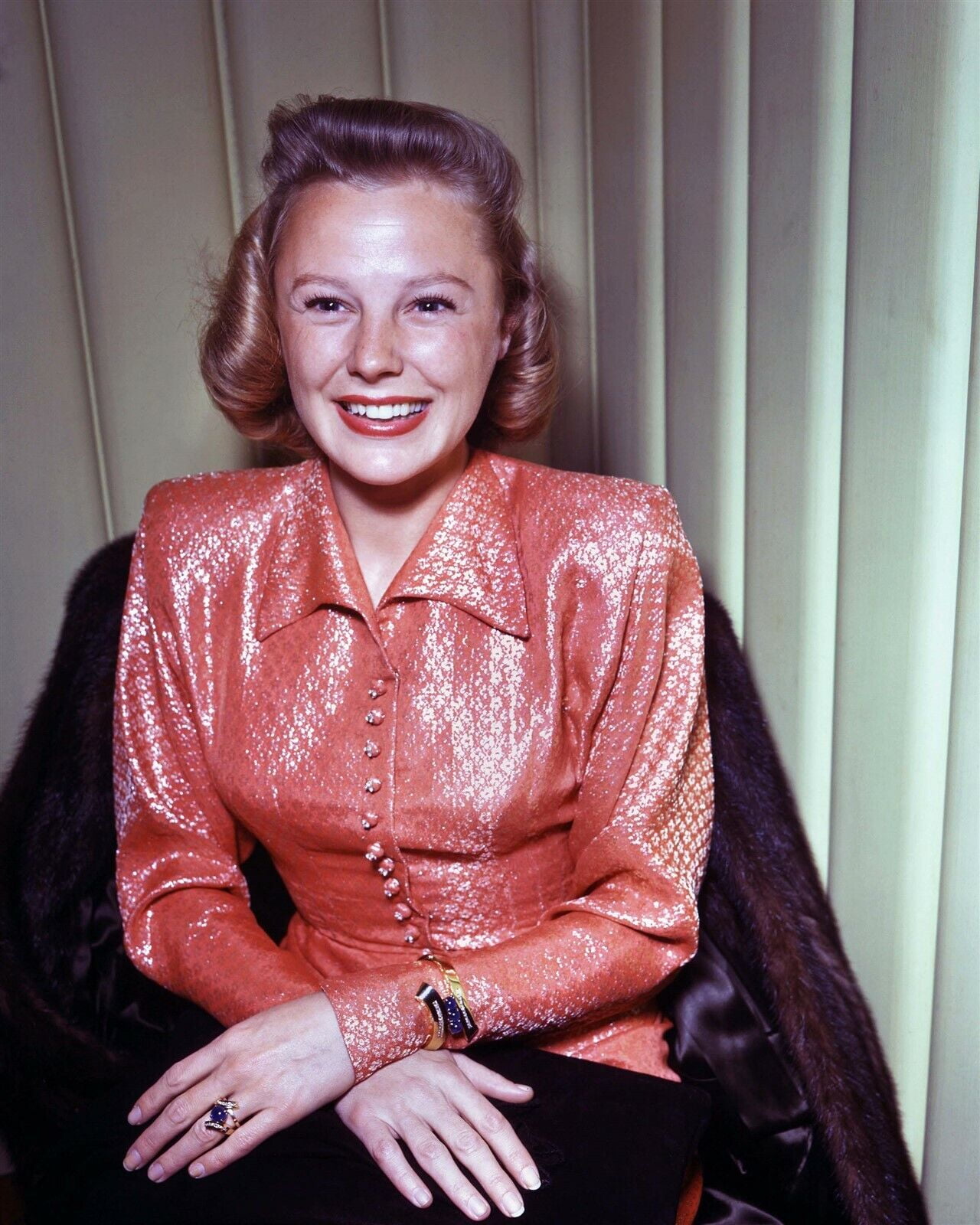 June Allyson big smile looks glamorous in red sequined blouse 1940's ...