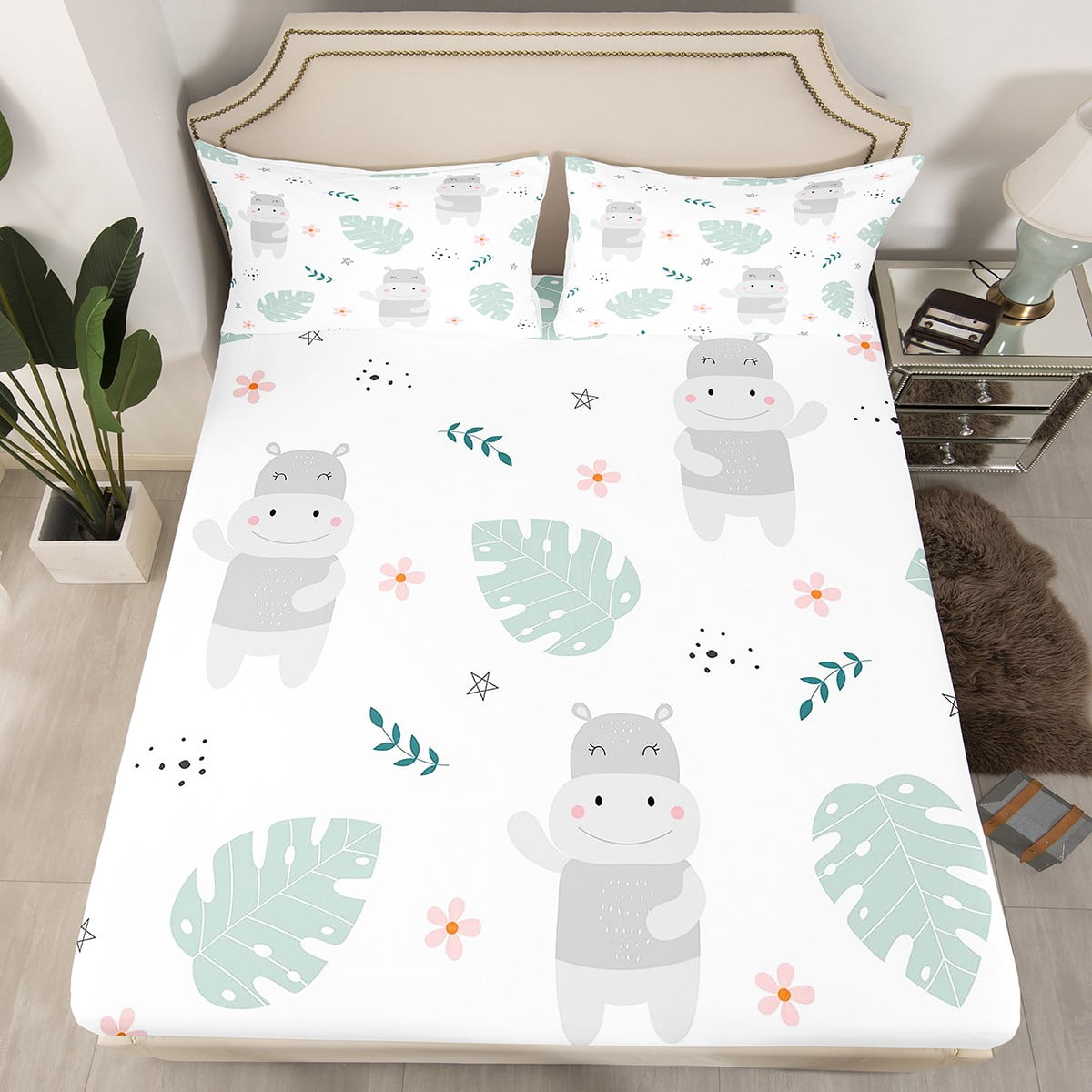 Click here for Yst Cute Hippo Fitted Sheet Pink Cherry Blossom Be... prices