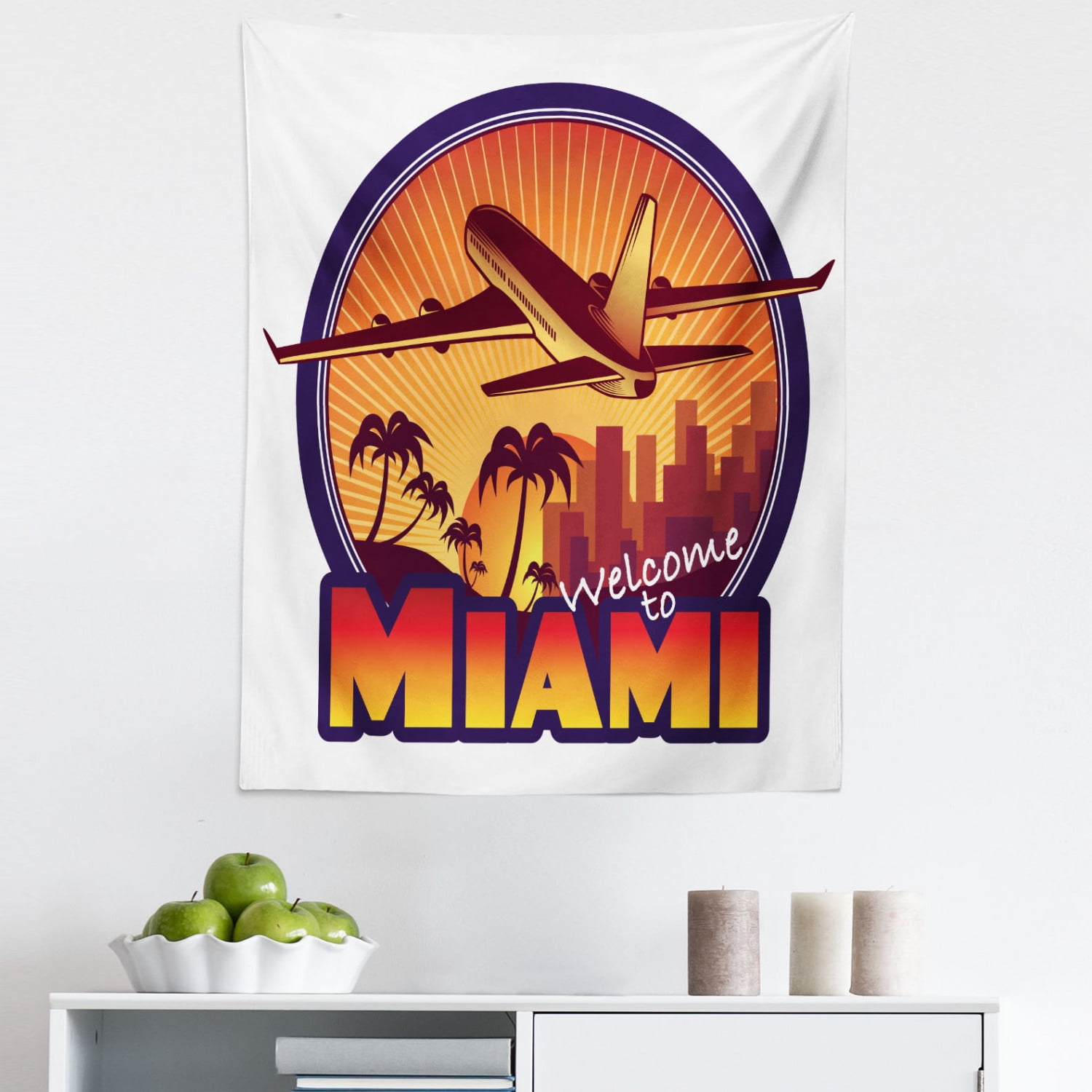 Florida Tapestry, Welcome to Miami Airplane Palms and City at Sunset ...