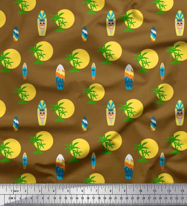 Soimoi Japan Crepe Satin Fabric Skull,Sun & Palm Tree Nature Print ...