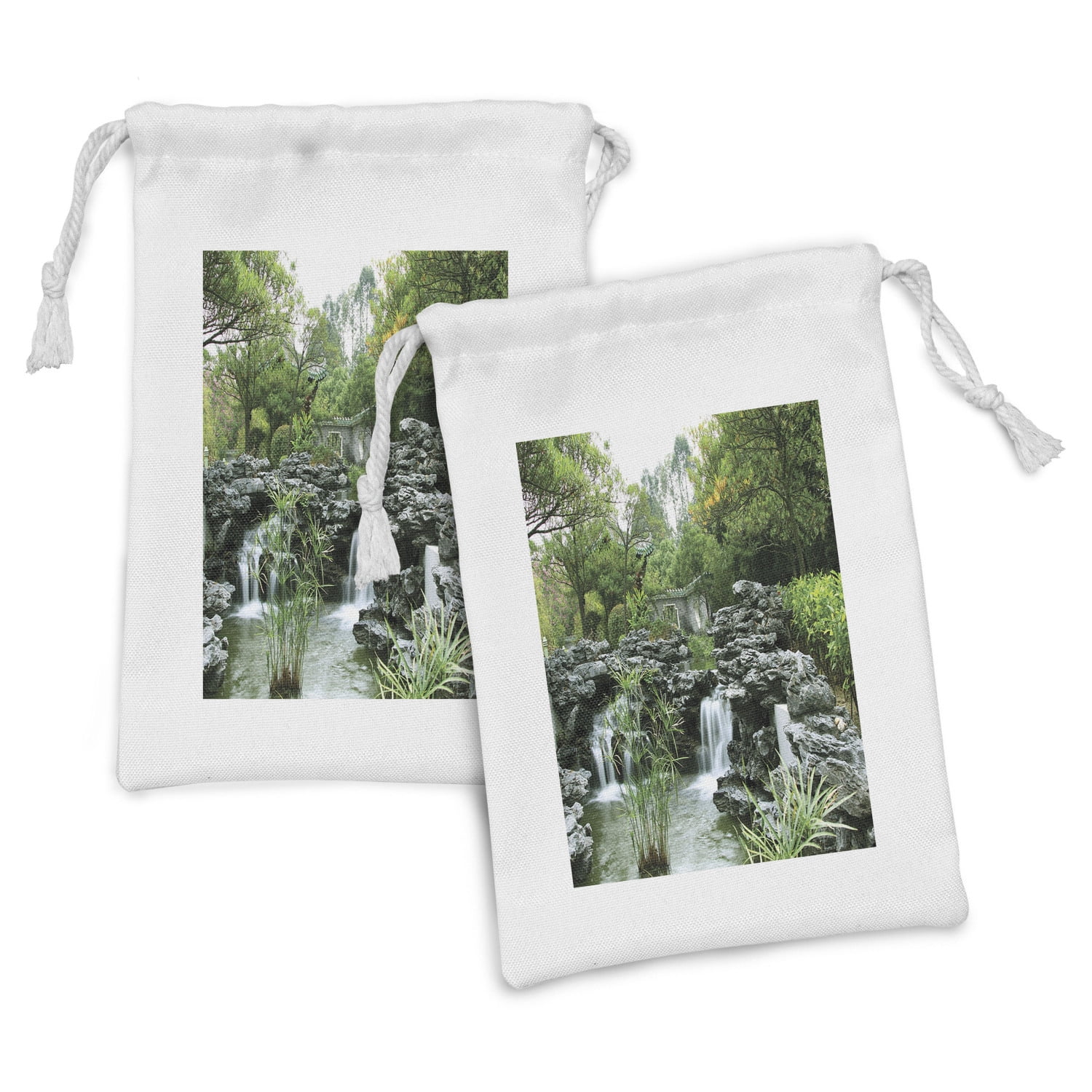 Japanese Fabric Pouch Set of 2, Yard Little Lake Between Trees Stones ...