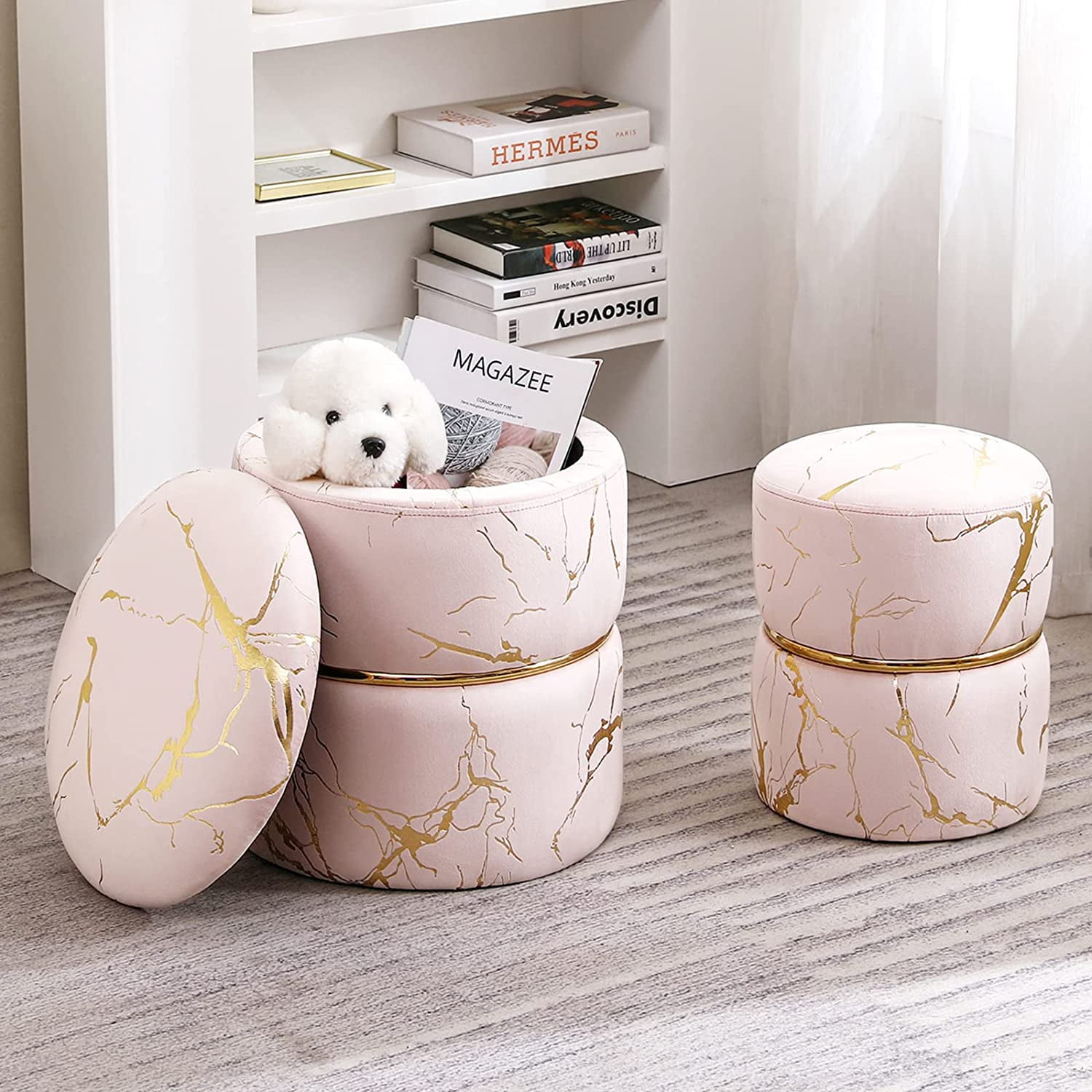 Round Velvet Storage Ottoman Vanity Stool Chair Upholstered Foot Rest ...