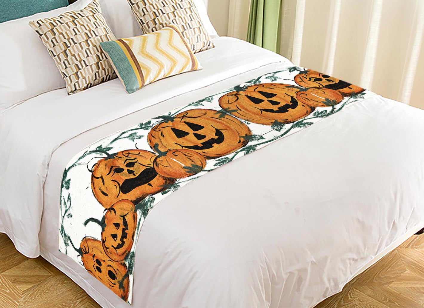 PKQWTM Pumpkin Family Drawn Sign Pumpkin Vine Boarder Bed Runner ...