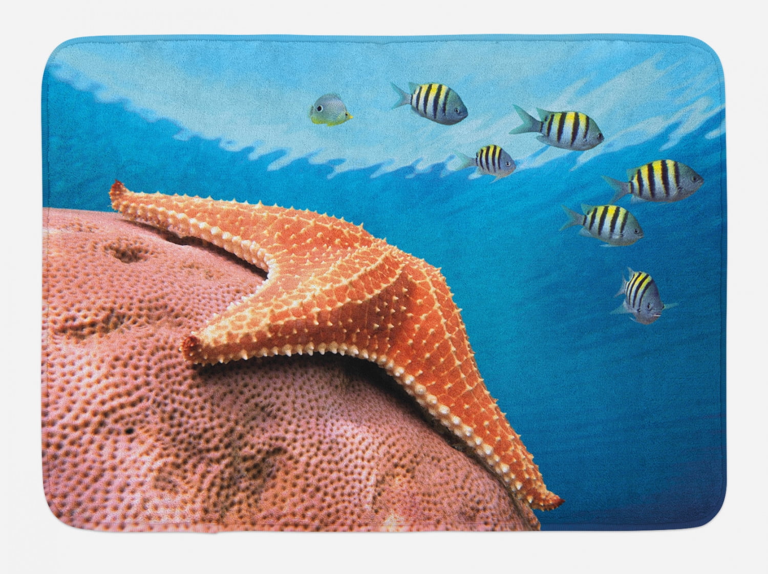 Starfish Bath Mat, Starfish Hard Coral with Group of Damselfish Water ...