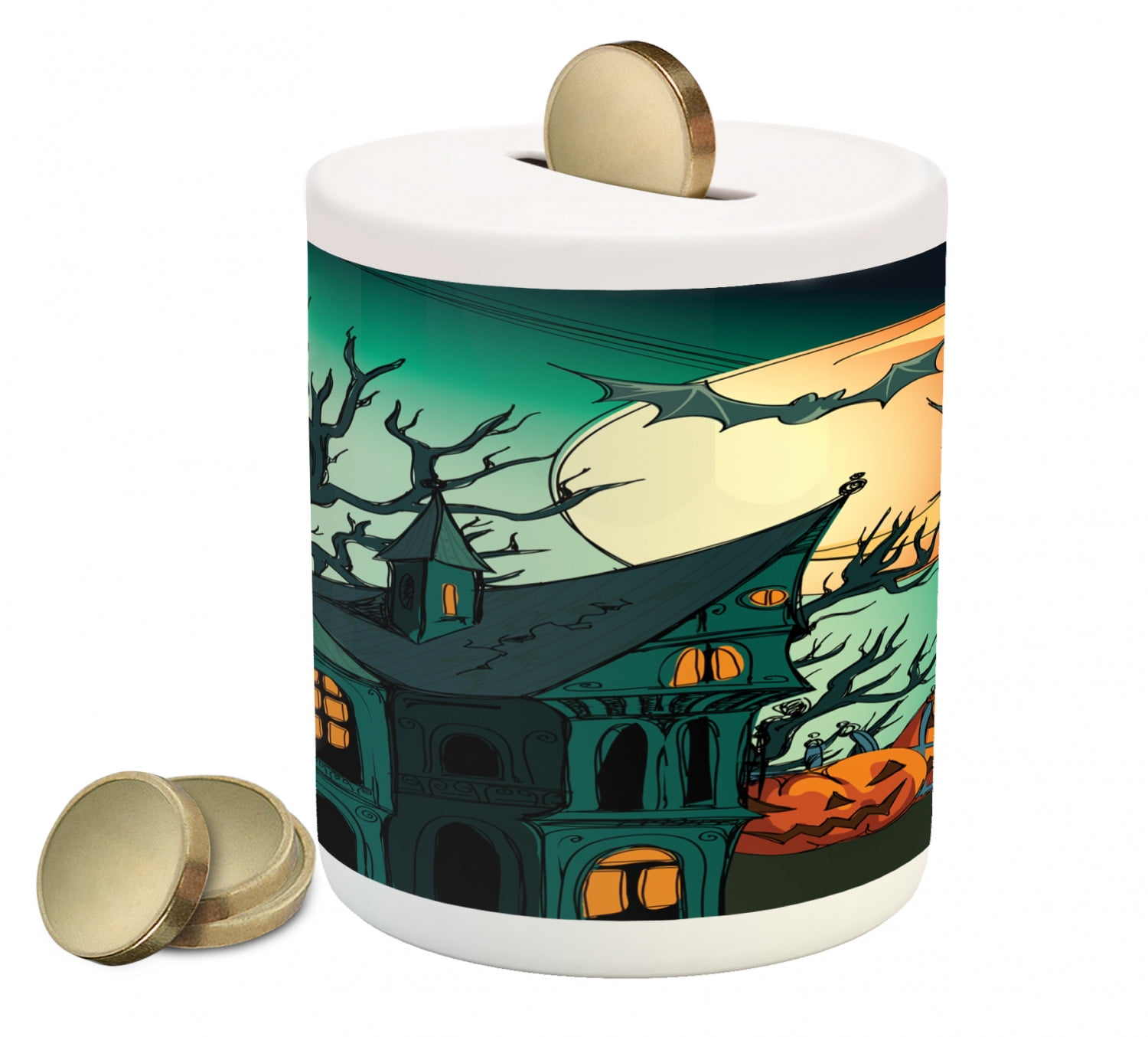 Halloween Piggy Bank, Haunted Medieval Cartoon Style Bats in Twilight ...