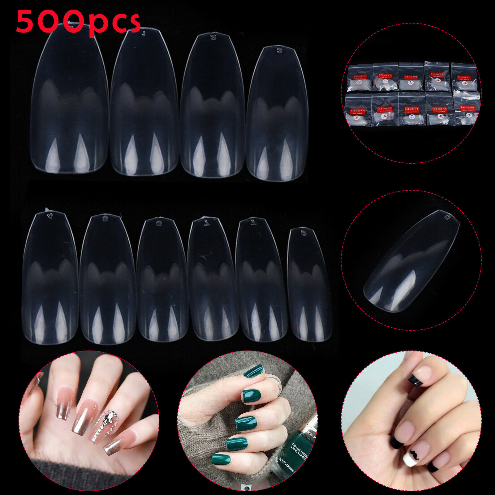 500pcs Clear False Nails Tips Long Art Full Cover Nails Salon DIY Fake ...