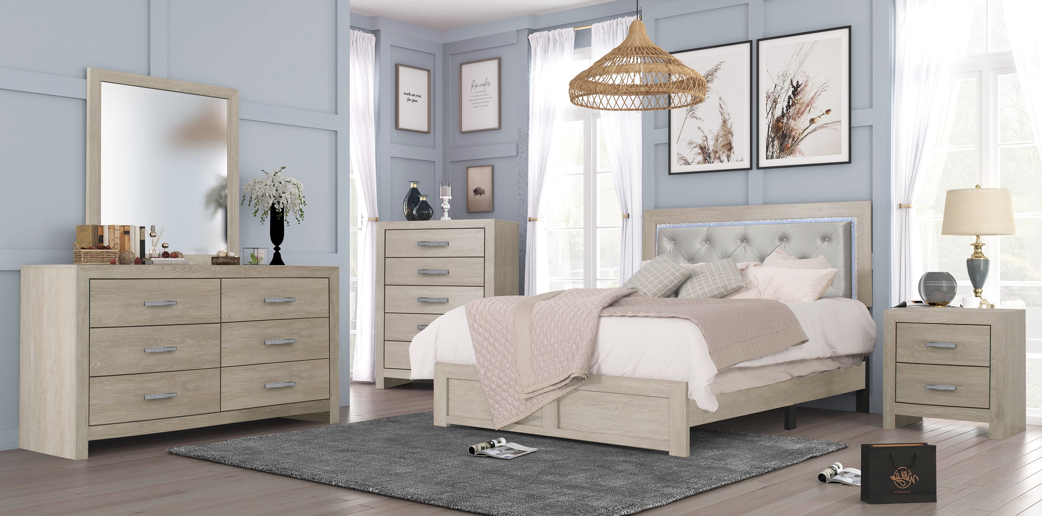 Emelie Cream LED Panel Bedroom Set Special Queen 5 Piece: Bed, Dresser ...