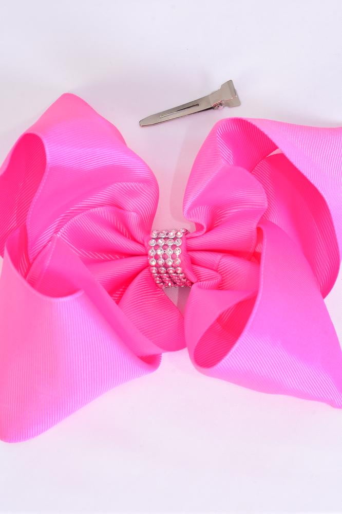 Hair Bow Jumbo Center Clear Stones Hot Pink Grosgrain Bowtie/DZ ...