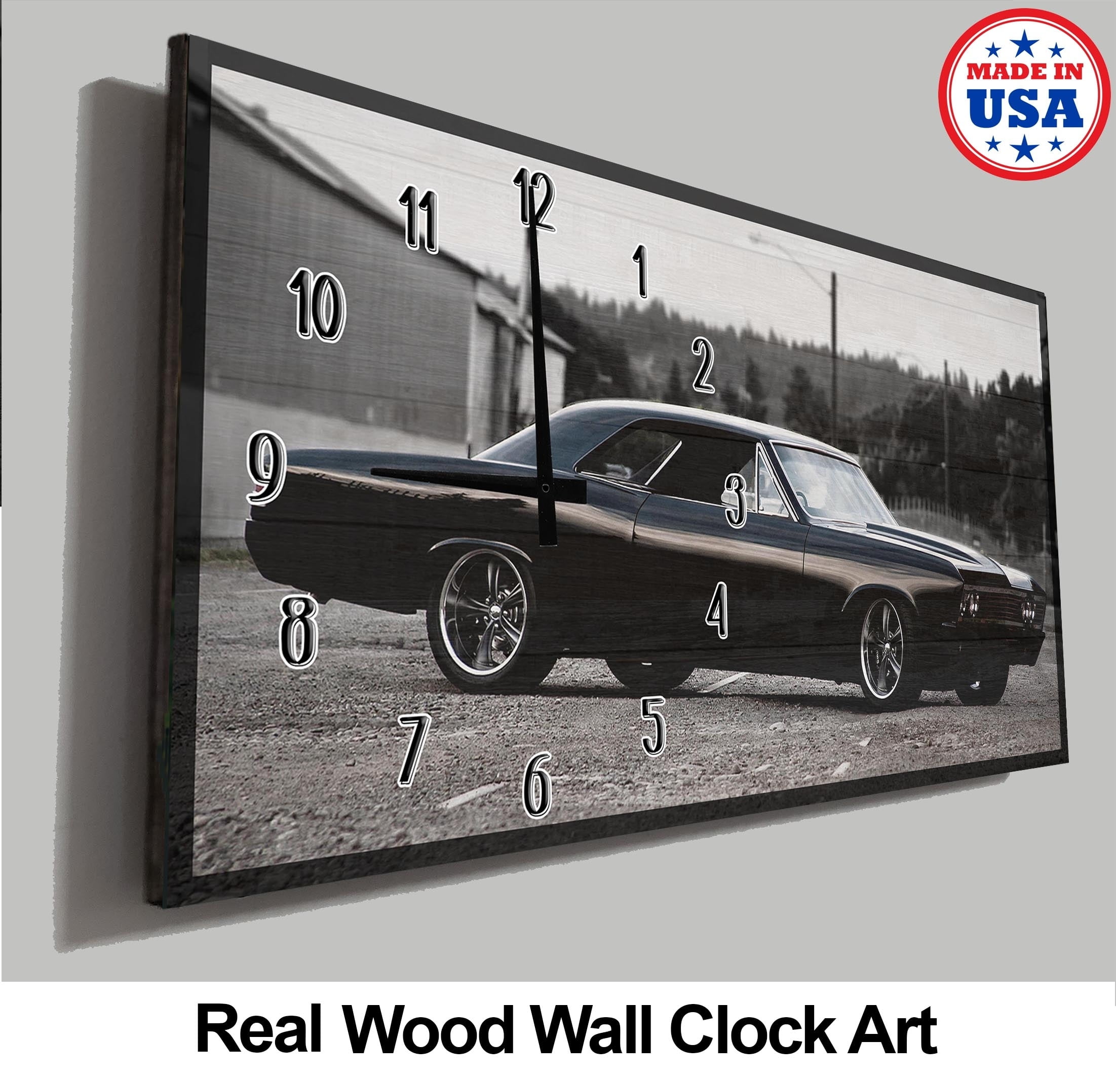 Muscle Car Wall Clock Black Satin Murdered Out Hot Rod Wood Wall Clock ...