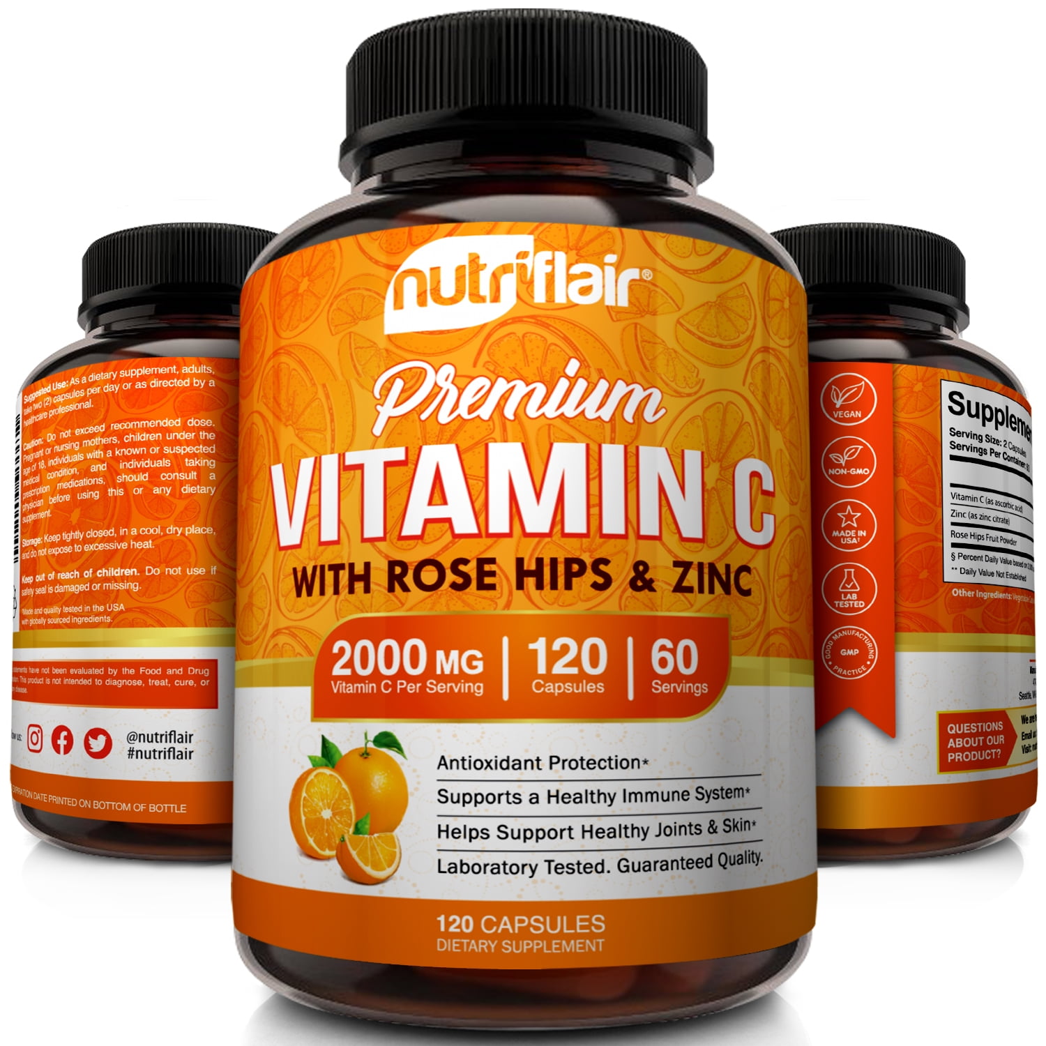 NutriFlair Pure Vitamin C Supplement 2000mg per Serving, 120 Capsules ...