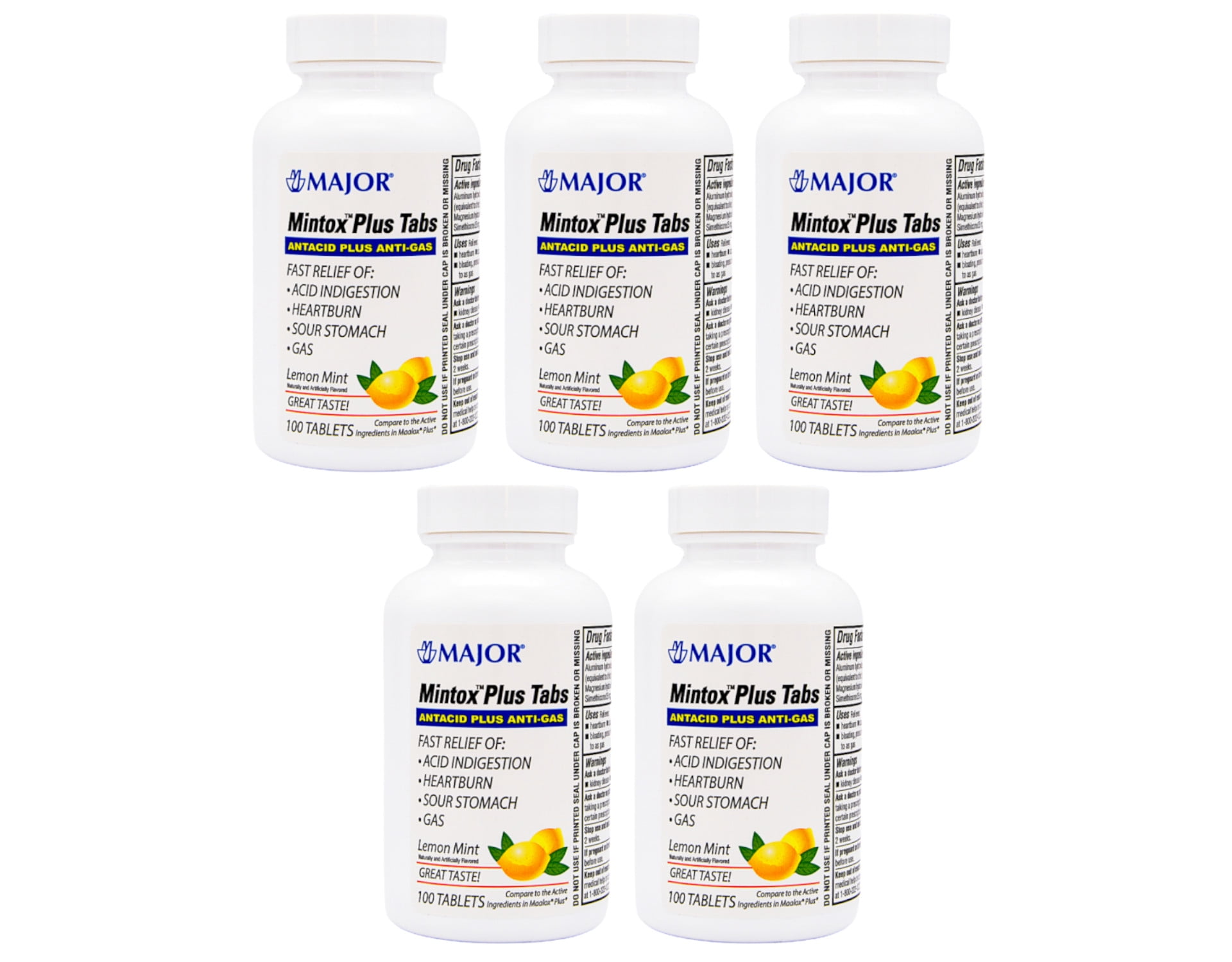 Major Mintox Plus Antacid Plus Anti-Gas Tabs, Lemon Mint, 100 Count ...