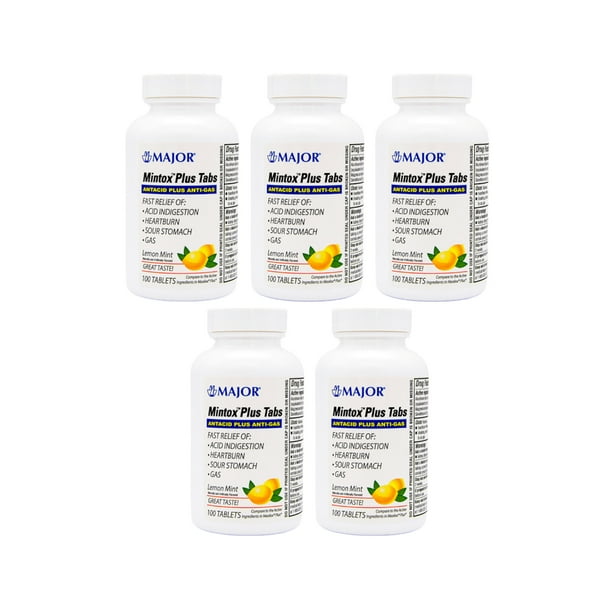 Major Mintox Plus Antacid Plus Anti-Gas Tabs, Lemon Mint, 100 Count ...