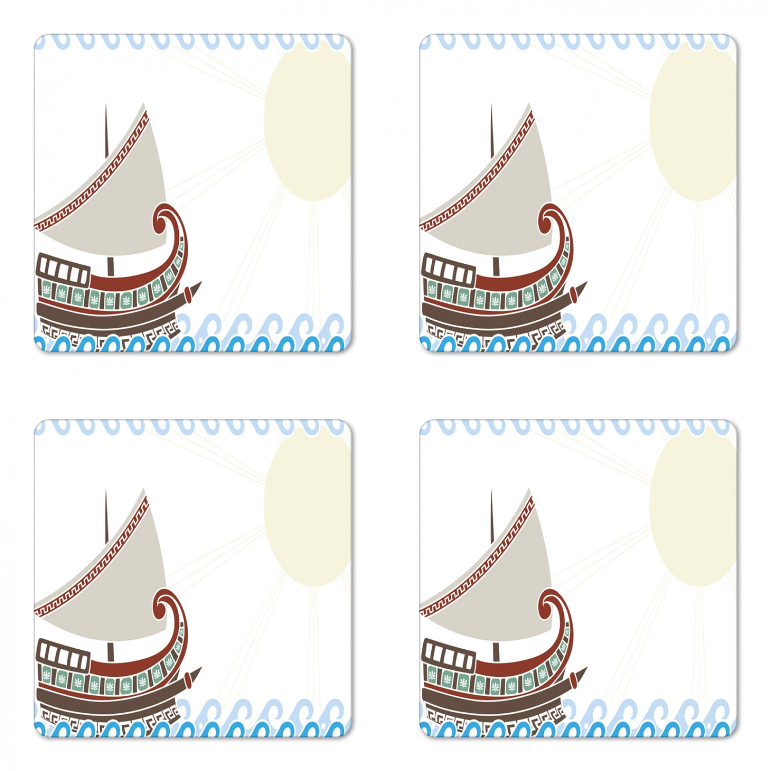 Retro Coaster Set of 4, Ornate Ship Floating on Classic Greek Style ...