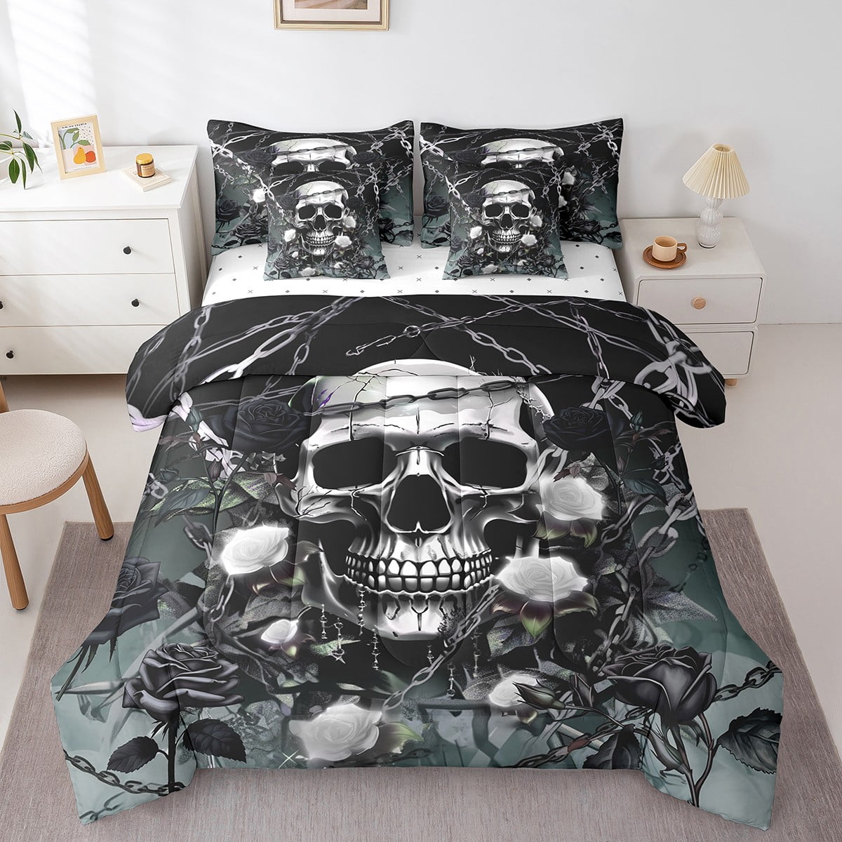 Click here for Yst Rose Skull Comforter Set Queen Size 7 Pcs Goth... prices