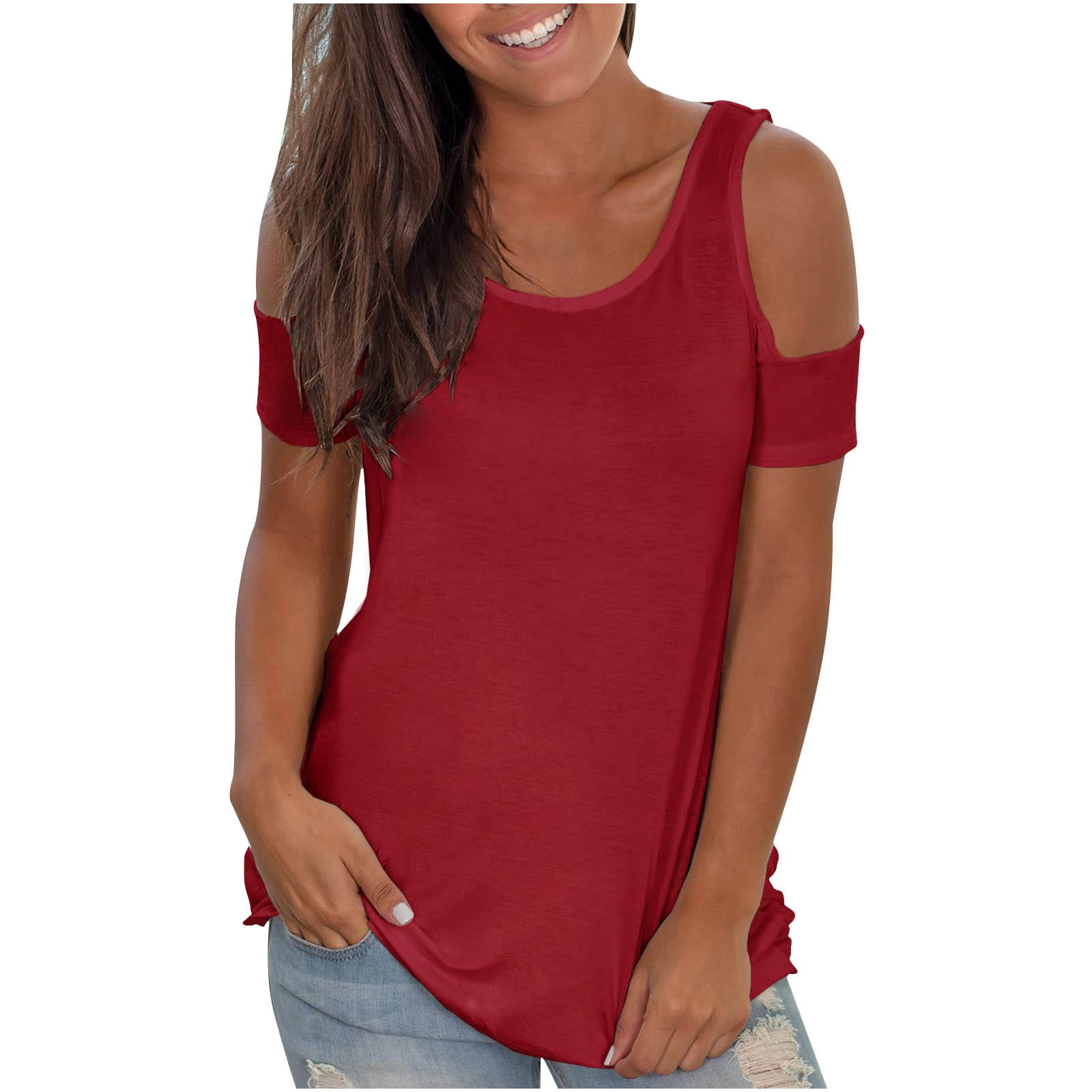 asdoklhq Juniors Plus Tops & T-Shirts,Women's Cold Shoulder Tops Open ...