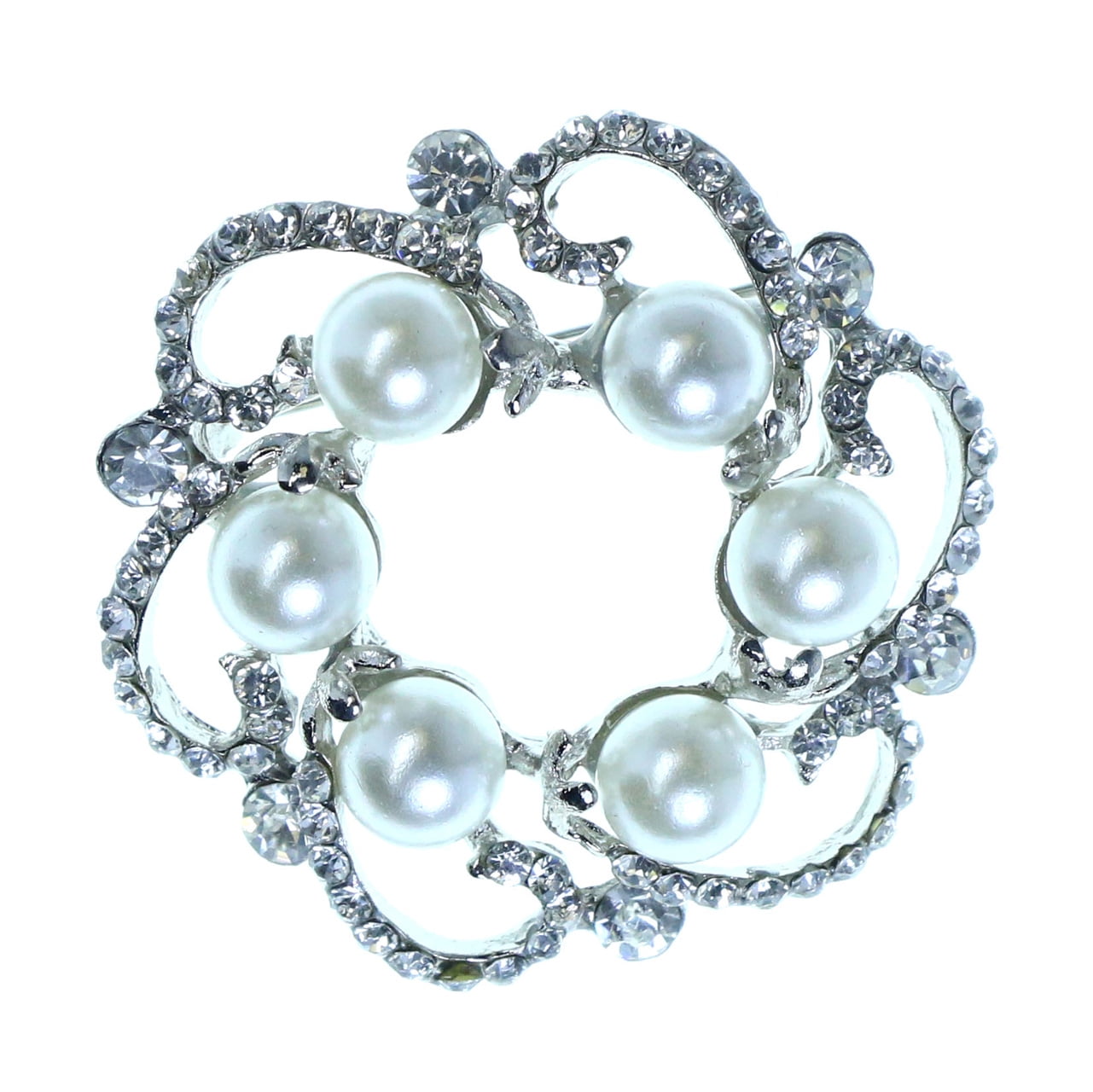Circle Shaped Silver-Tone Brooch Pin With White Bead And Rhinestone ...