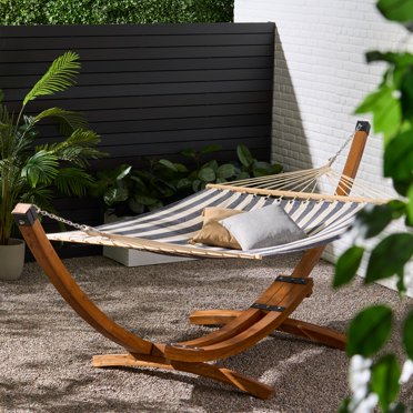 Aniston Outdoor Hammock with Base, Teak Finish, Blue and Green Stripe ...