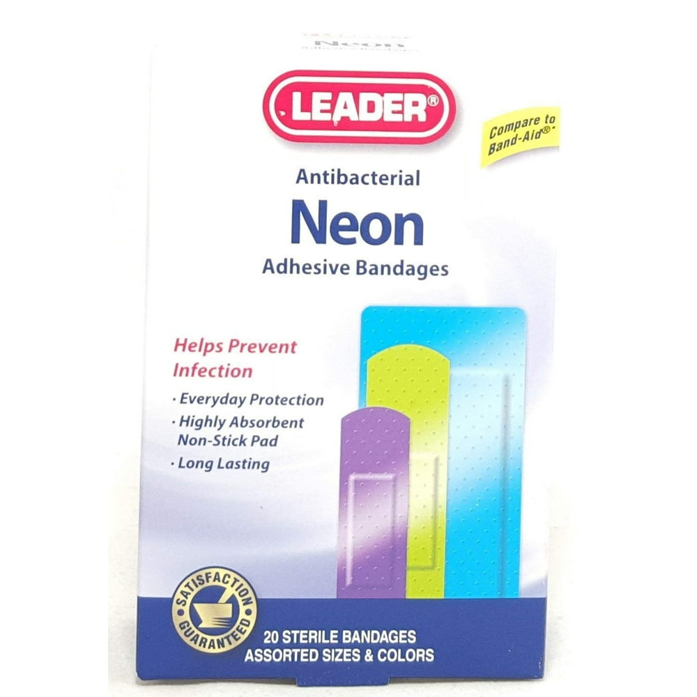 Leader Antibacterial Neon Adhesive Bandages, Assorted Sizes and Colors ...