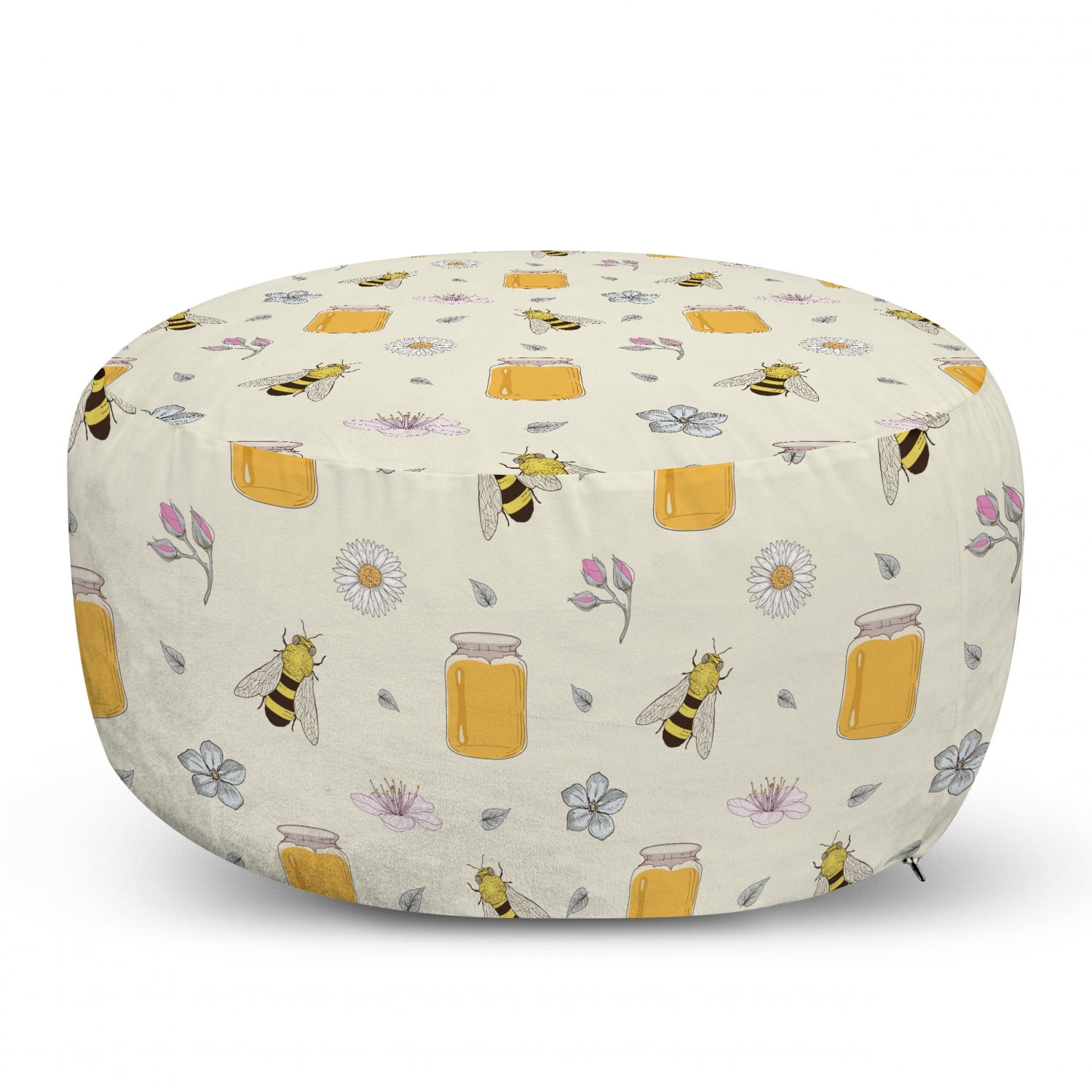 Bee Pouf Cover with Zipper, Continuous Pattern of Honey Jars Insect and ...