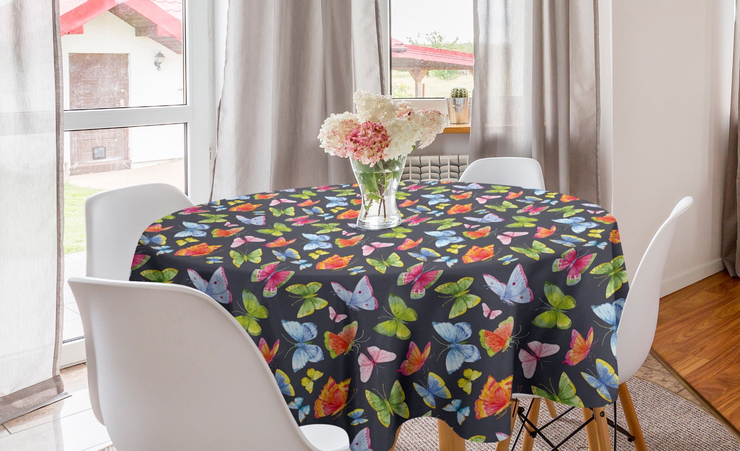 Butterfly Round Tablecloth, Continuous Watercolor Look Spring Fly ...