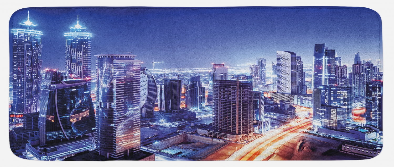 City Kitchen Mat, Dubai Downtown UAE Night Scenery Modern High Rise ...