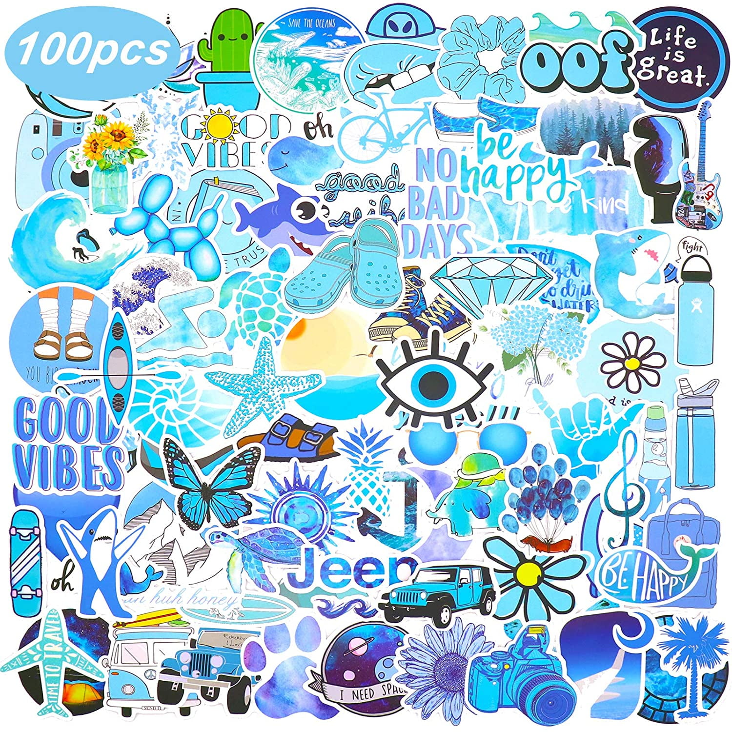 50 PCs Cute Sticker VSCO Stickers For Hydro Flask (Blue)