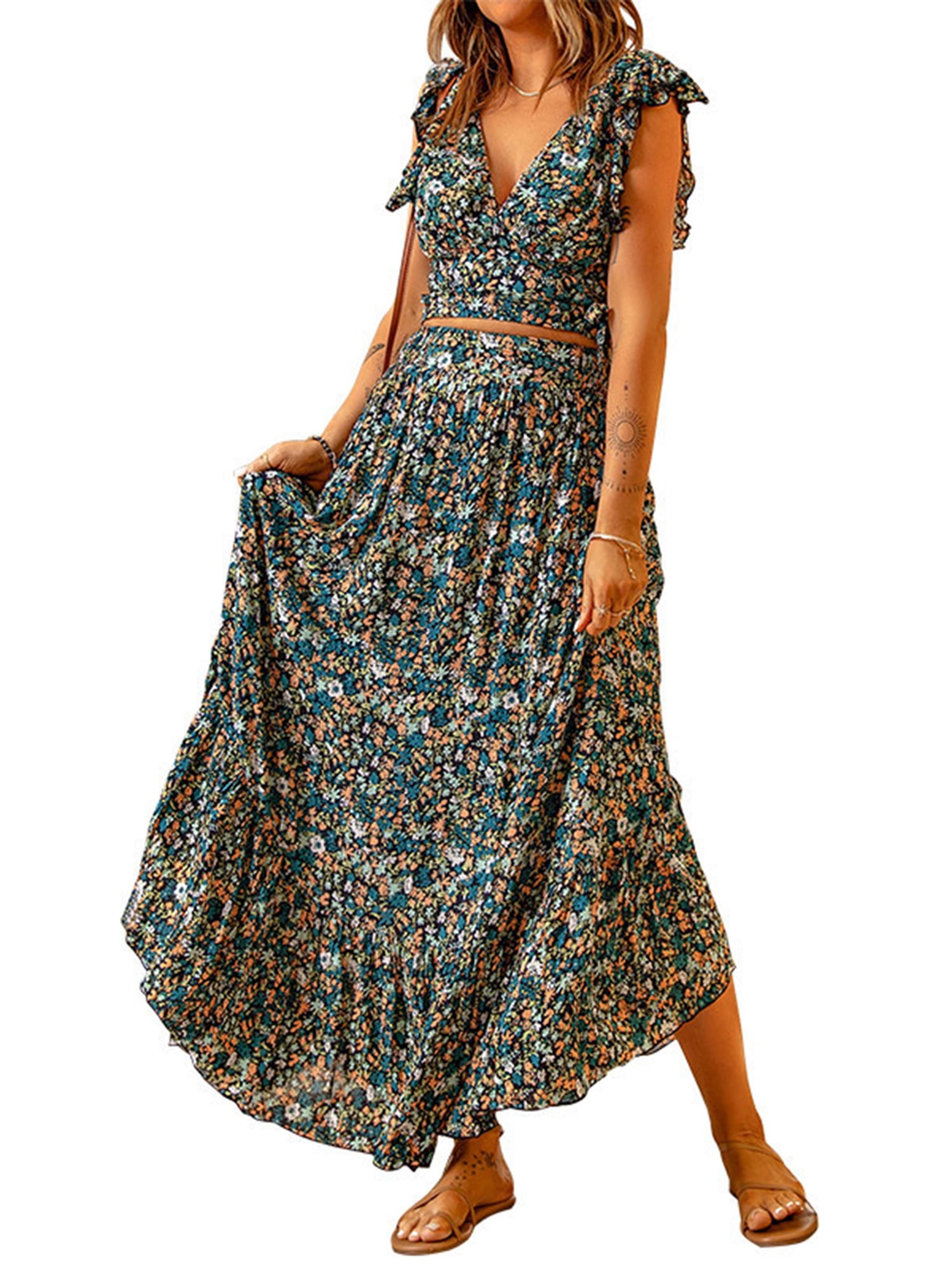 Womens 2 Piece Summer Outfits Ruffle Sleeve V Neck Crop Tops Long