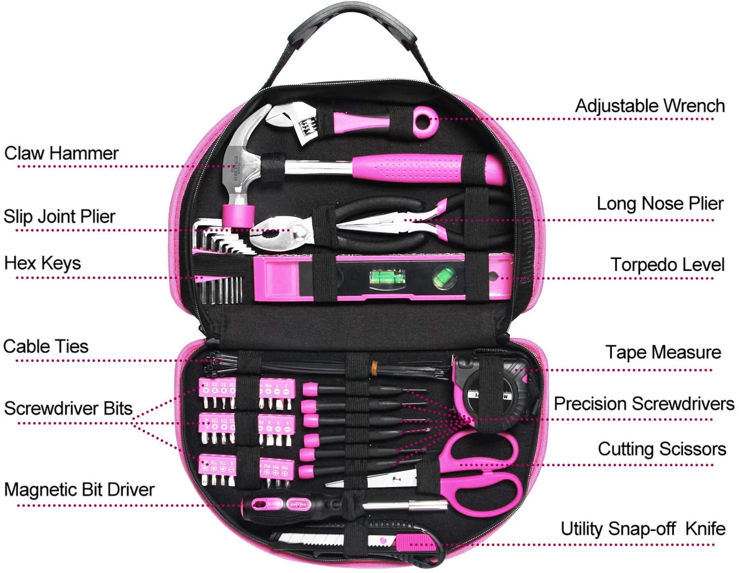 EXCITED WORK 69-Piece Pink Tool Kit, Ladies Hand Tool Set with Easy ...