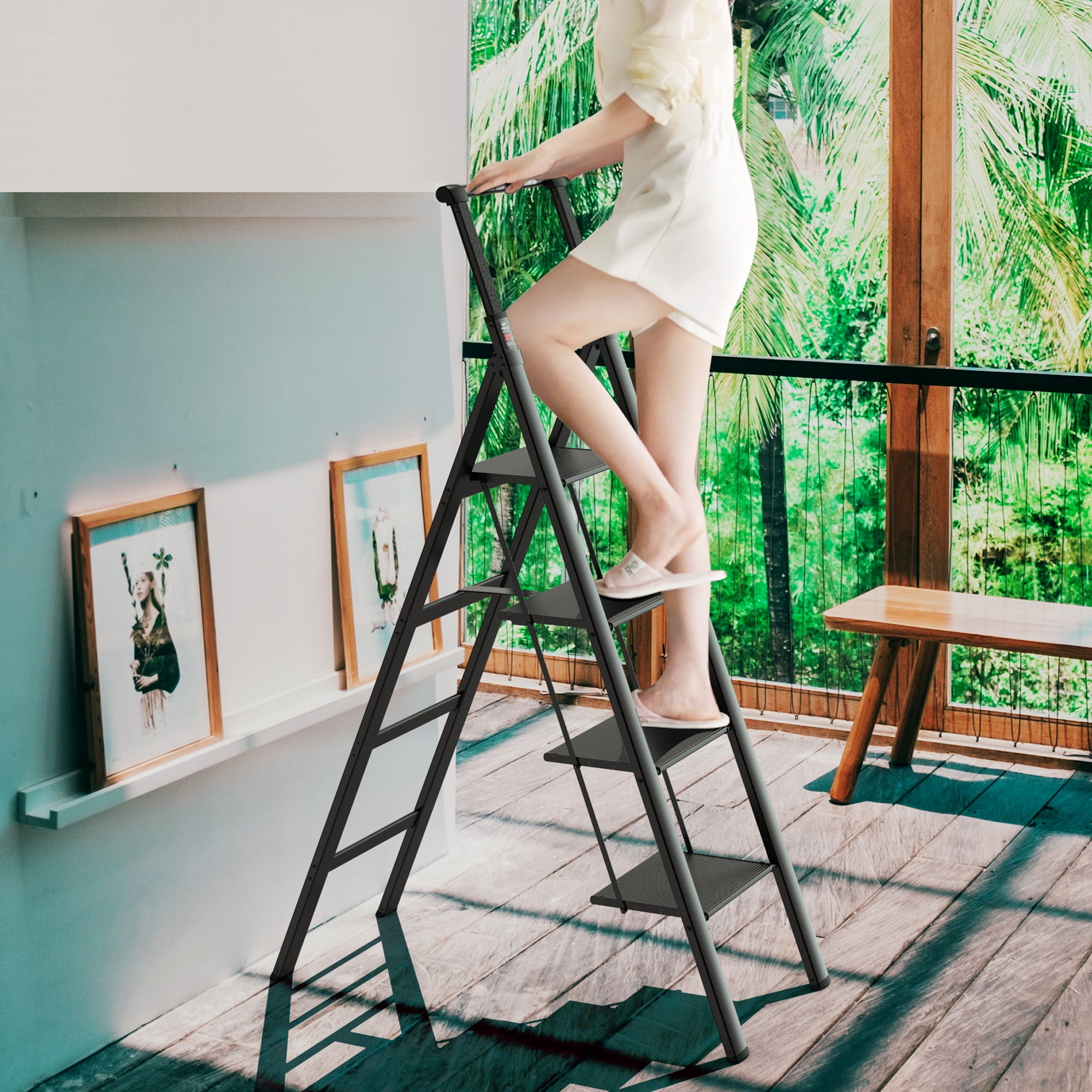 Topcobe 4 Step Folding Step Stool w/ Retractable Handgrip, Portable ...