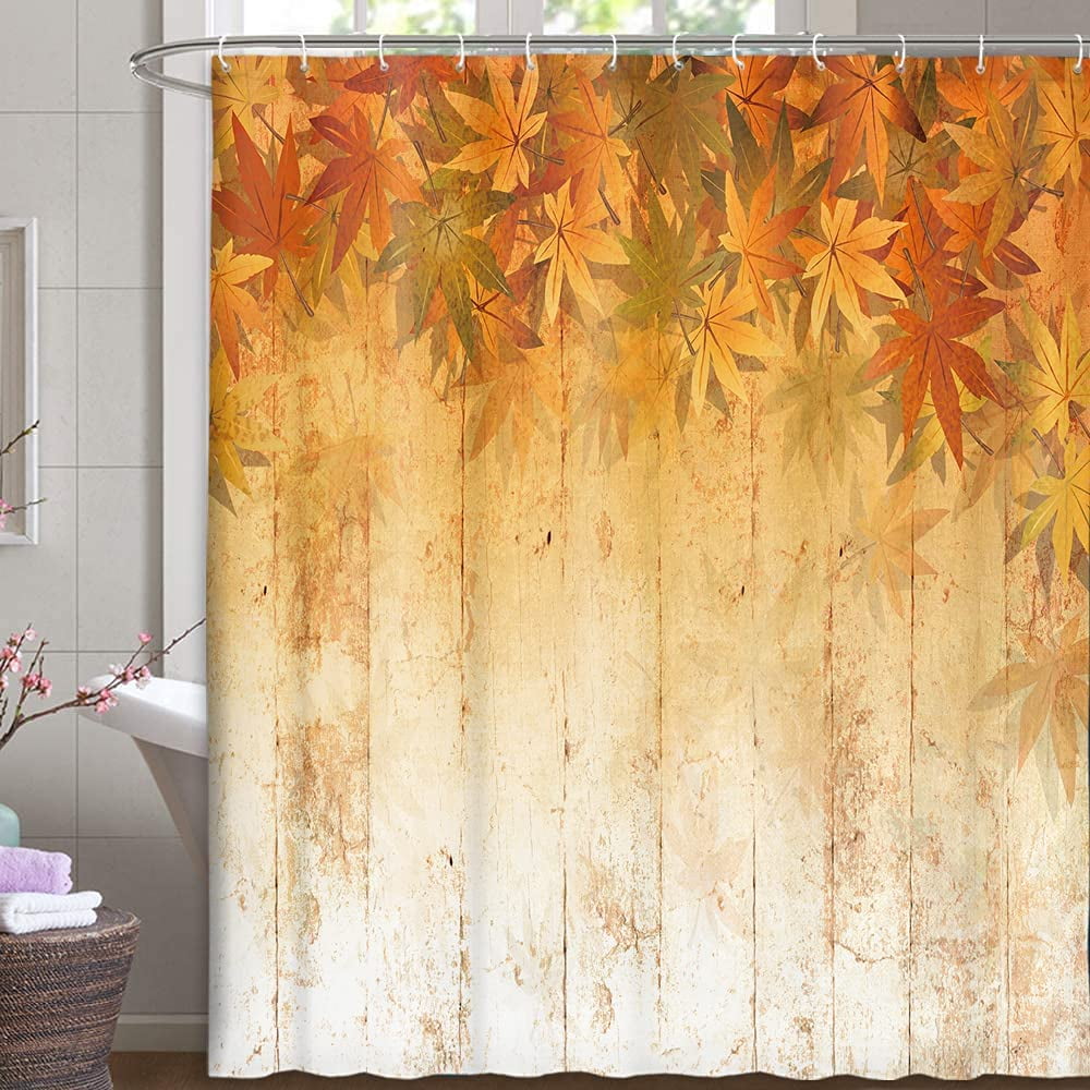 Fall Leaf Wooden Shower Curtain for Bathroom, Yellow Orange Colors Fall ...