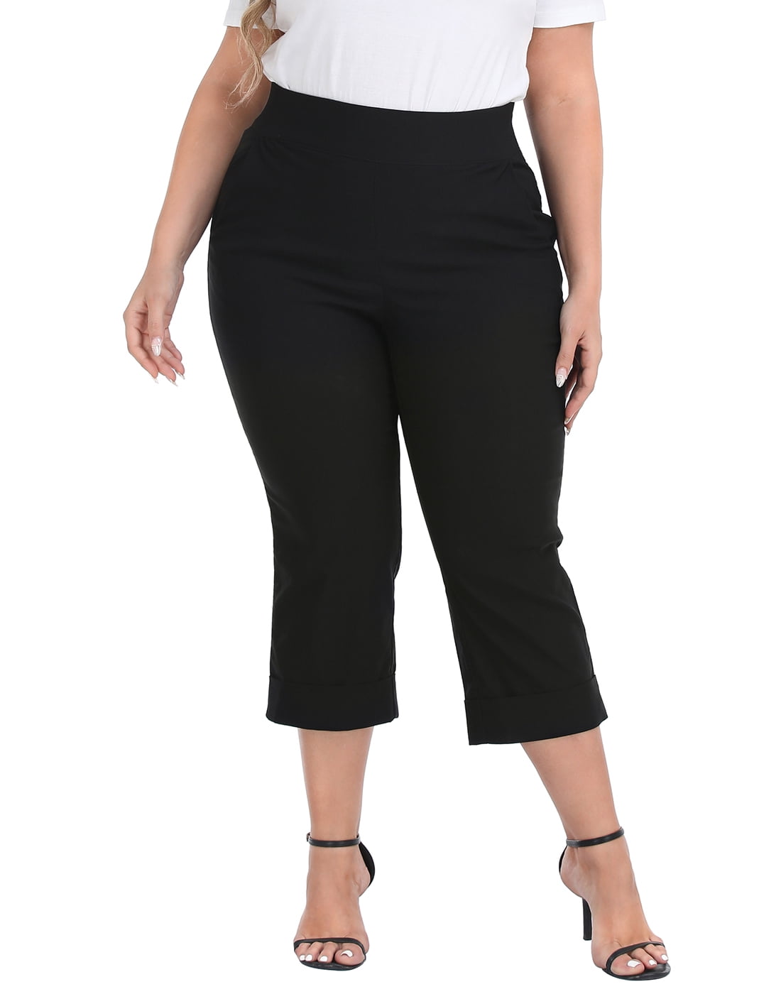 HDE Women's Plus Size Pull On Capris with Pockets Cropped Pants Black ...