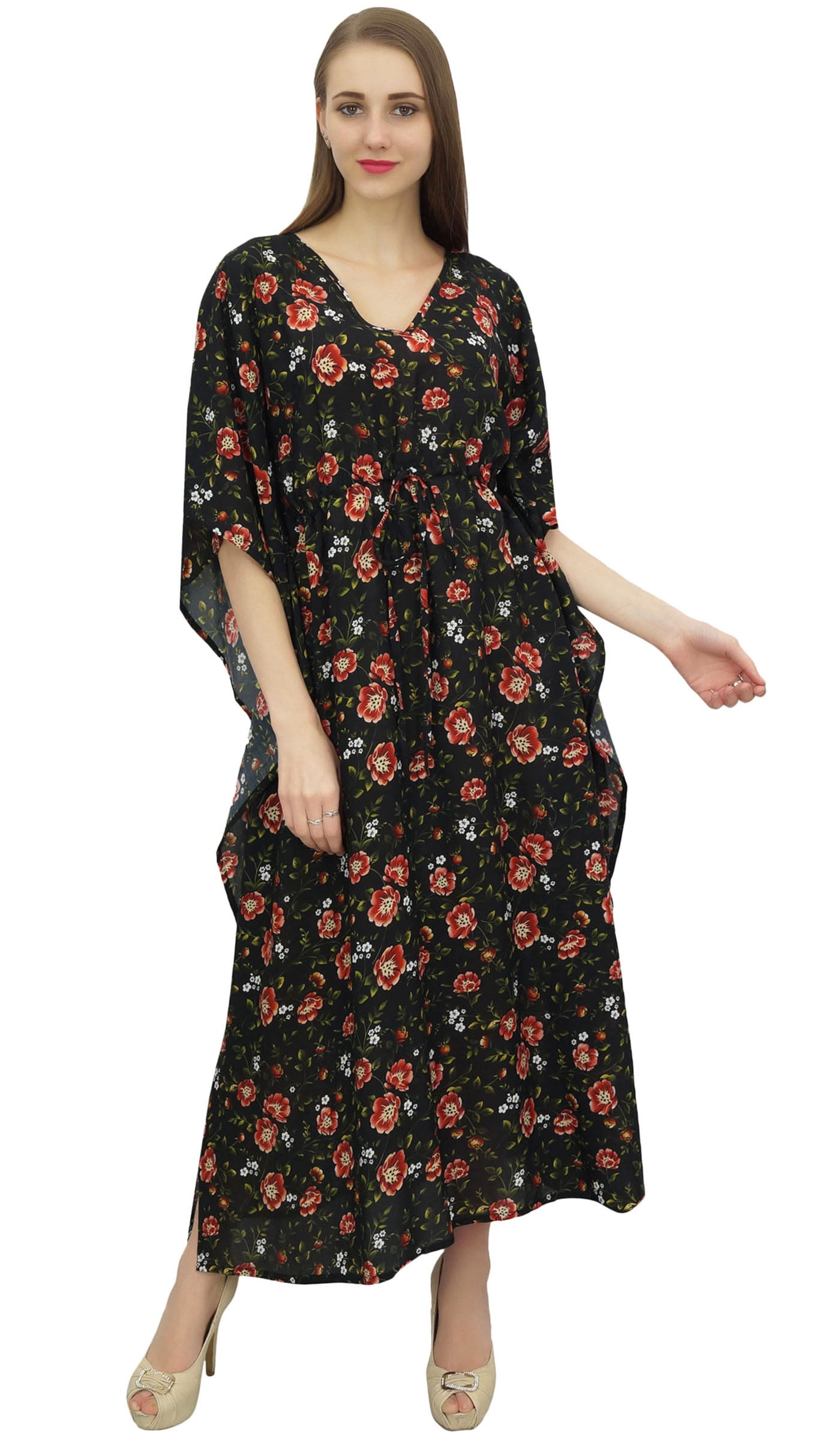 Bimba Women's Casual Drawstring Waist Nightwear Kaftan Black Evening ...