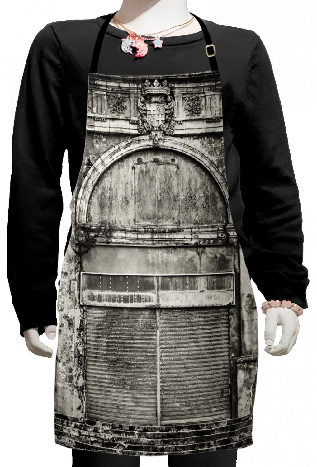 Rustic Kids Apron, Monochrome Old Closed Store Front with Jalousie and ...