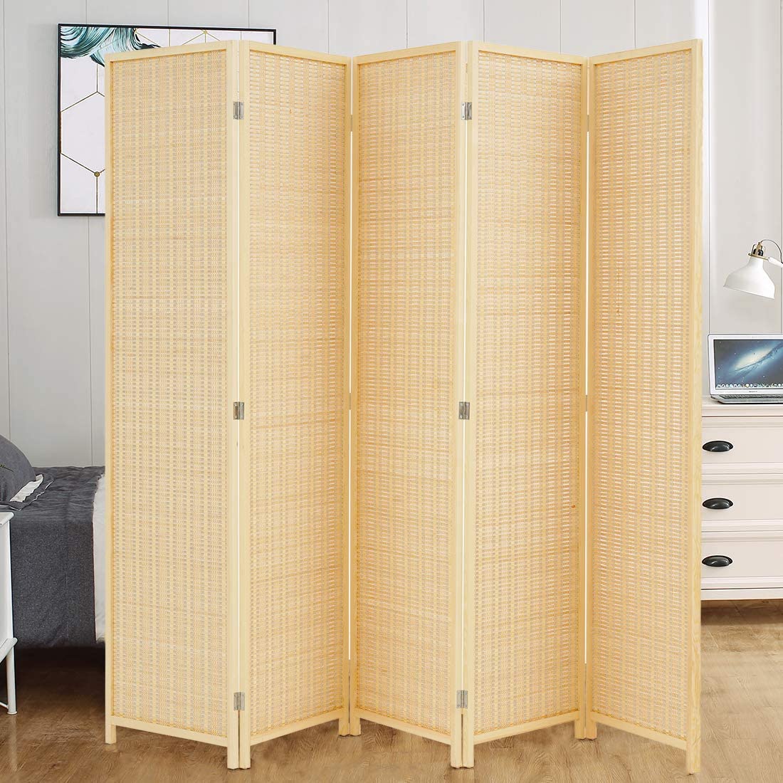 Jostyle Room Divider Privacy Screen with Natural Bamboo,5 Panel Folding ...