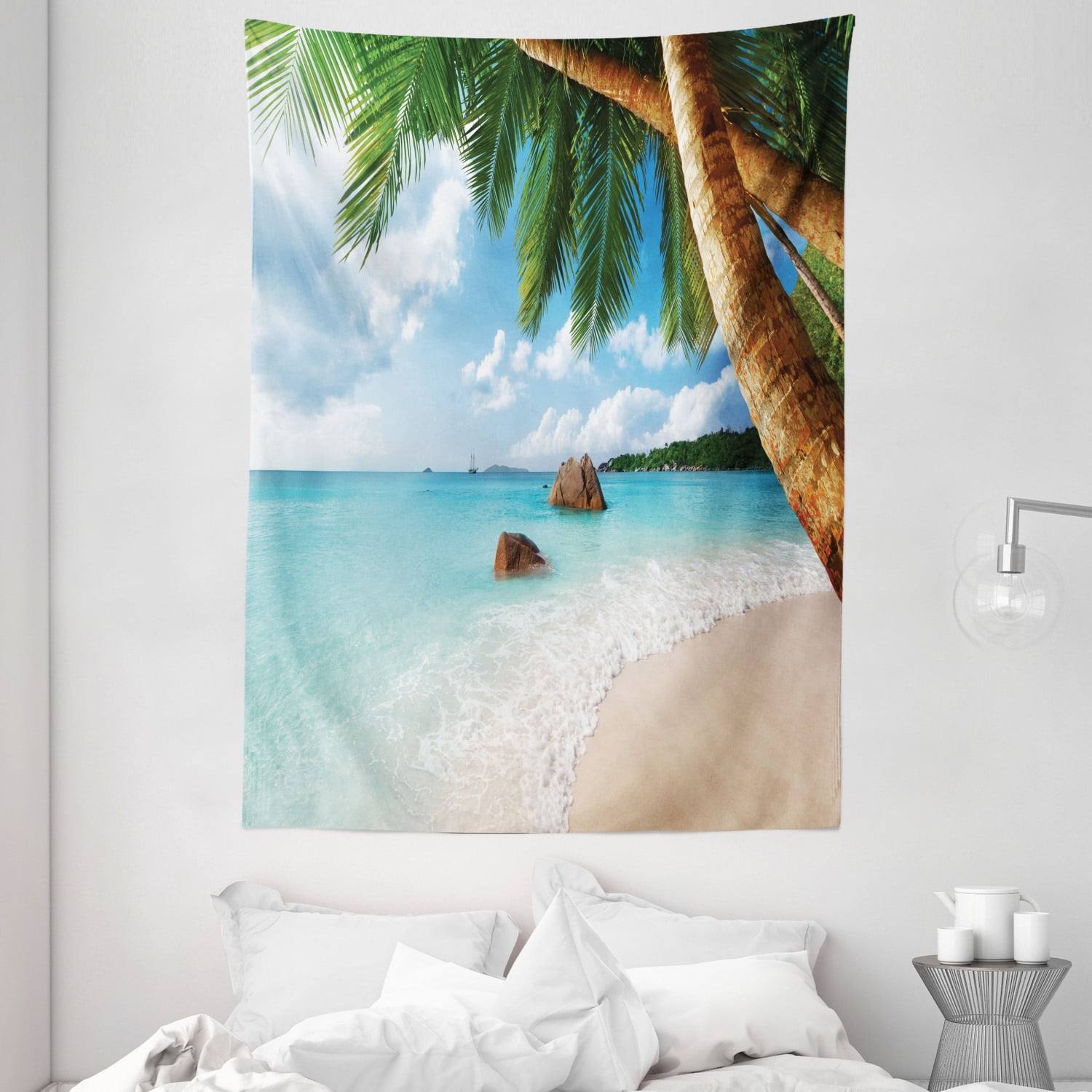 Beach Tapestry, Green Palm Trees Clear Blue Water Sandy Exotic Seashore ...