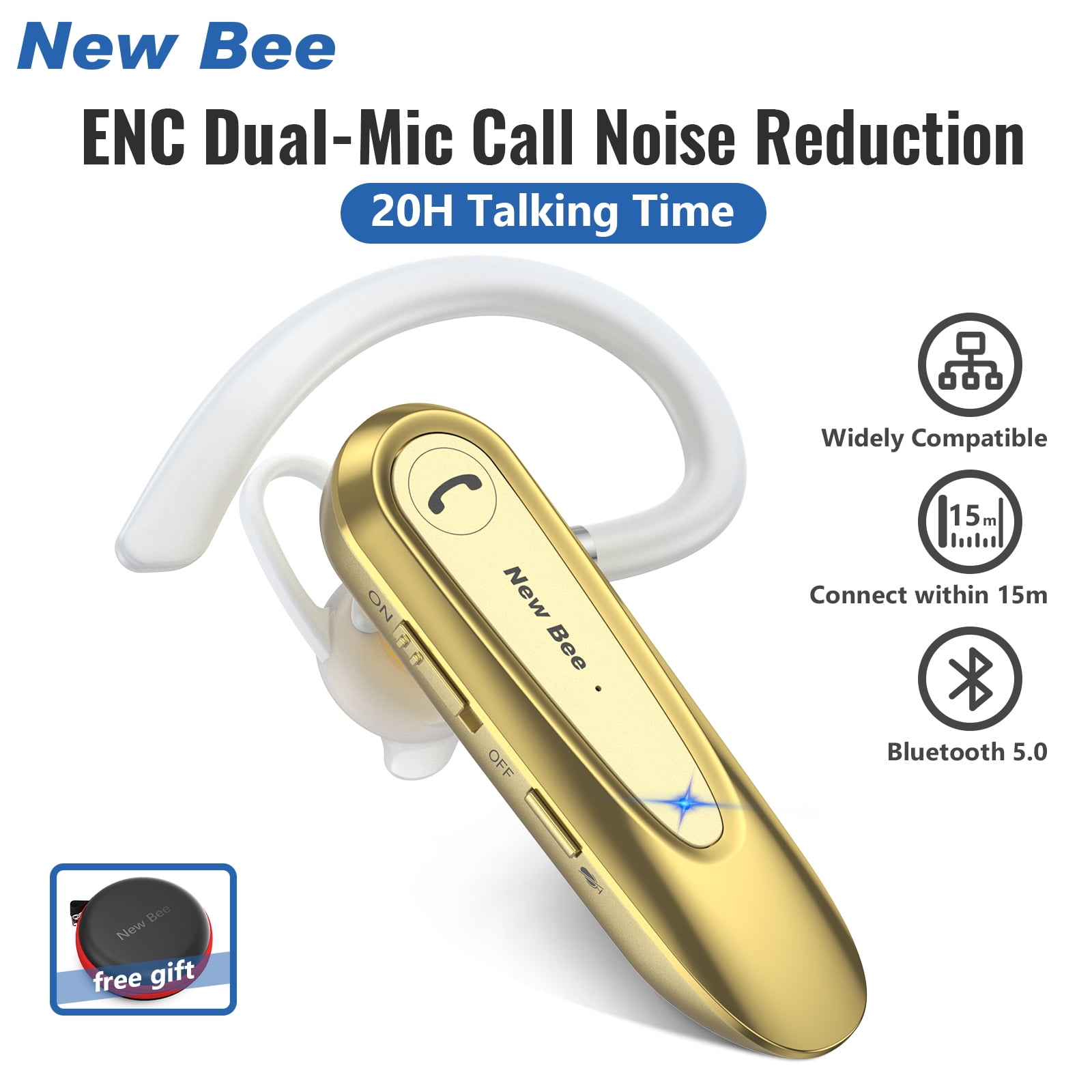New Bee Bluetooth Headset W/Mic Wireless Earpiece in-Ear Business ...