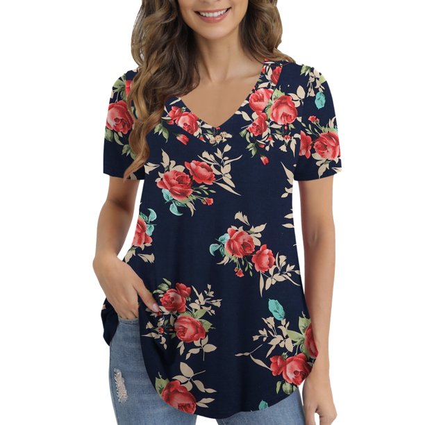 Folunsi Womens Plus Size Tops V Neck Short Sleeve Shirt Floral Blouses