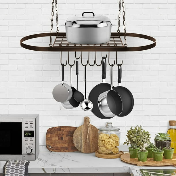 32'' Black/Broze Kitchen Wall Mounted Pot Pan Rack for Ceiling with 10 ...