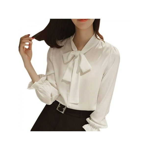 Luxsea Women Solid Bow Tie Neck Chiffon Shirts Ruffles Long Sleeve
