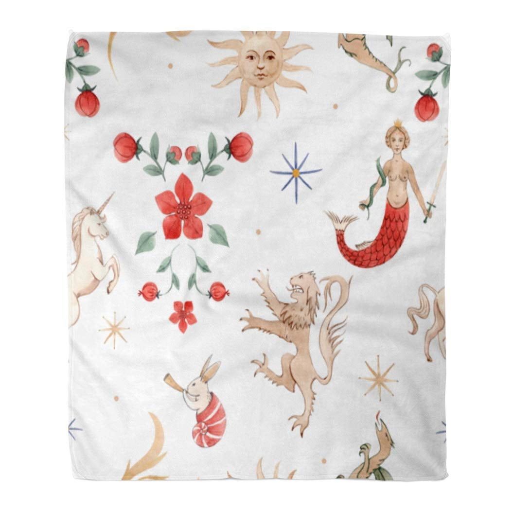 SIDONKU Flannel Throw Blanket Watercolor Magic Pattern Unicorn Mermaid ...