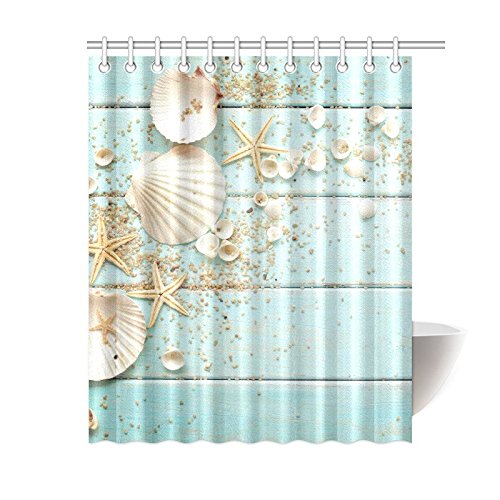 WOPOP Seashell Shower Curtain, Sand Starfish Blue Wooden Back Polyester ...
