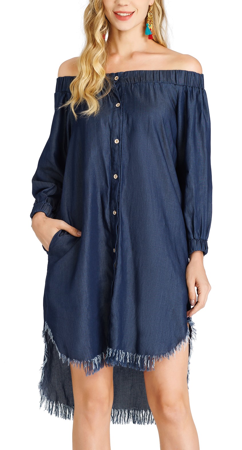 1PA1 Womens Off Shoulder Denim Dress Tassel Hem Button Down Midi Shirt ...