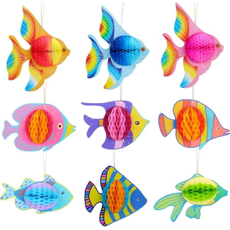 9 Pieces Hanging Fish Tissue Honeycomb Decorations Tropical Fish Party ...