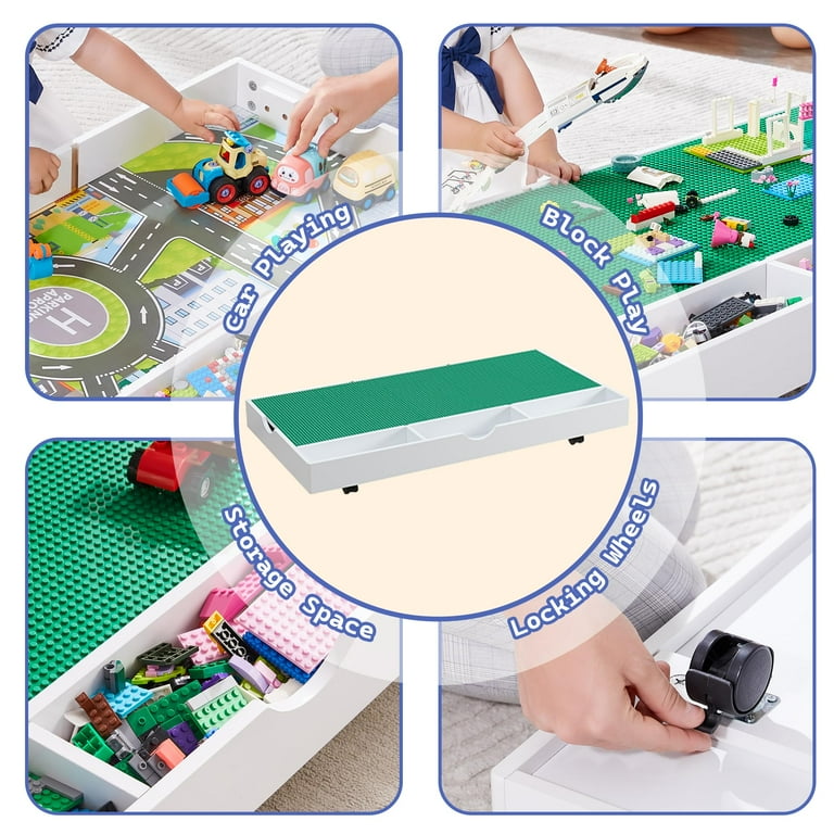 2 in 1 Construction Play Table Compatible with Lego Game Table with Block Board and Train Car Rolling Game Table with Locking Wheels and Storage