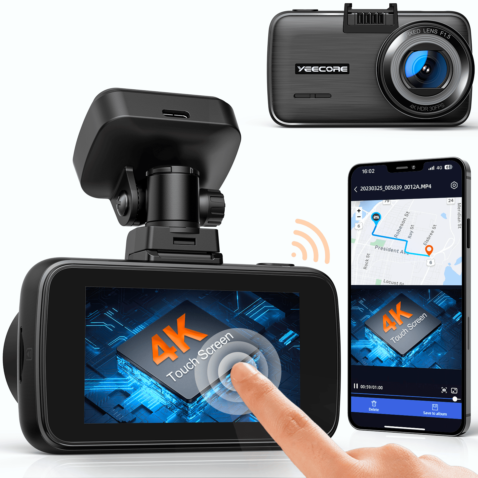 YEECORE Dash Cam, 4K UHD 2160P Car Camera Front, WiFi GPS, Touch Screen ...