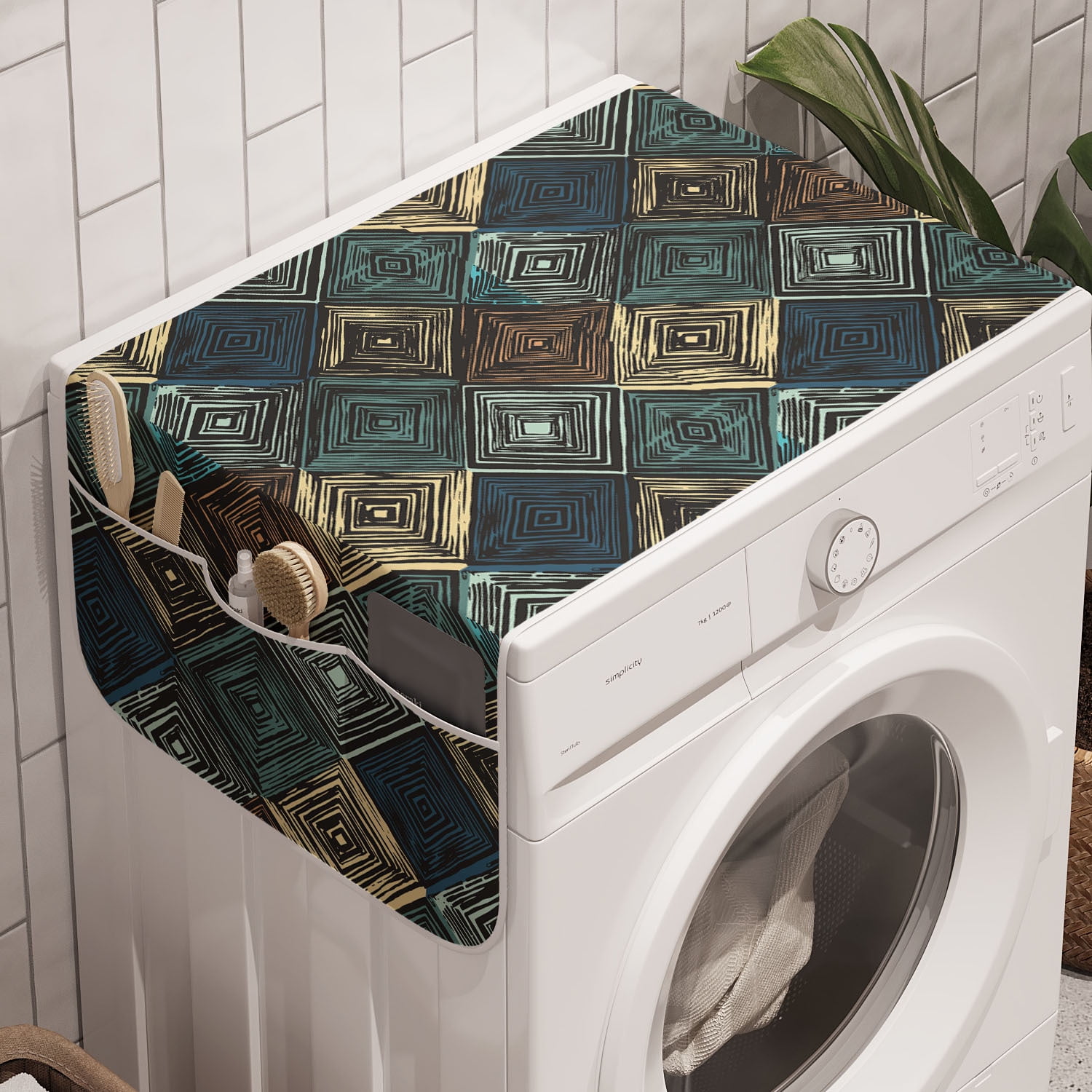 Geometric Washing Machine Organizer, Hand Drawn Rhombus Motifs in Retro ...