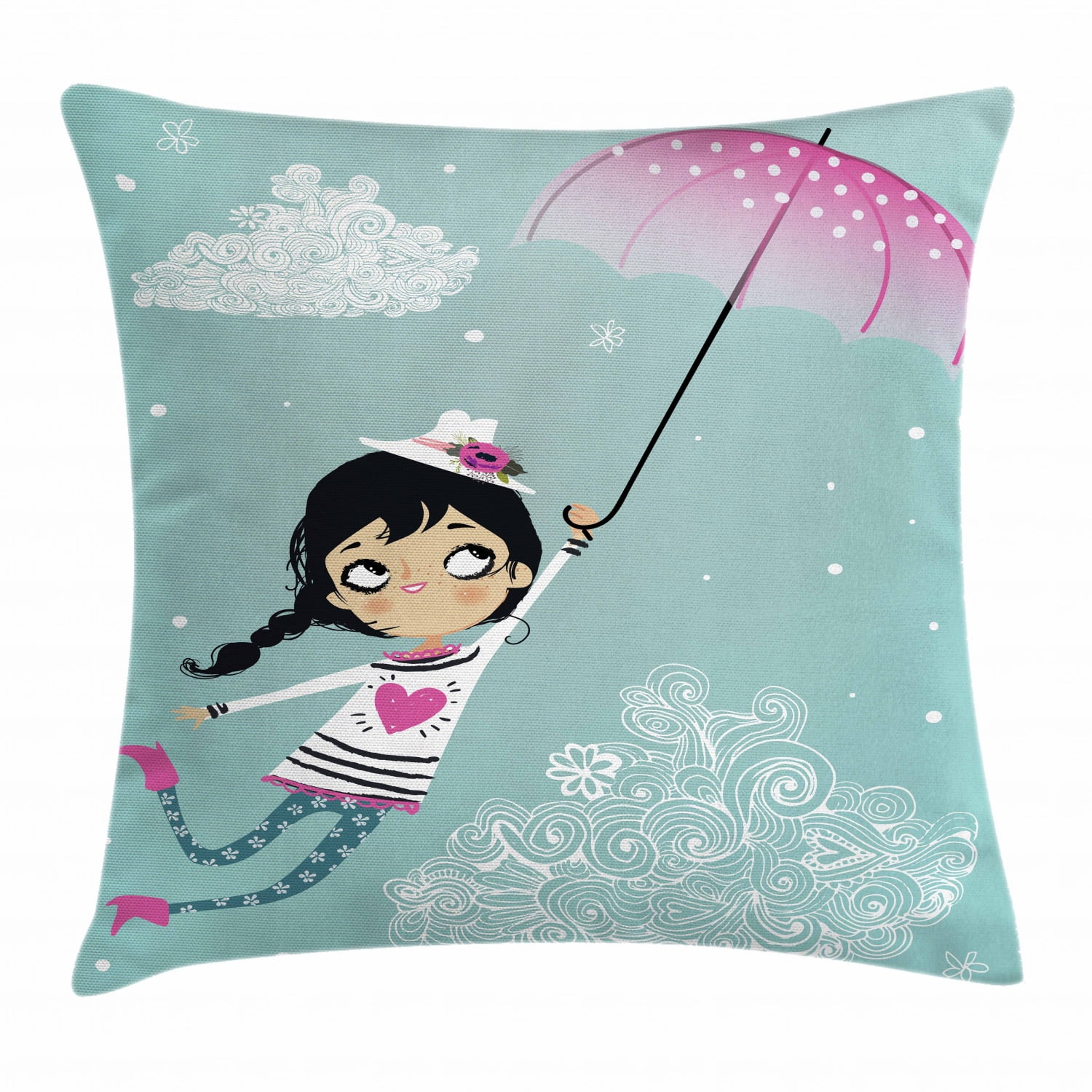 Girls Throw Pillow Cushion Cover, Flying Girl with a Pink Umbrella and ...