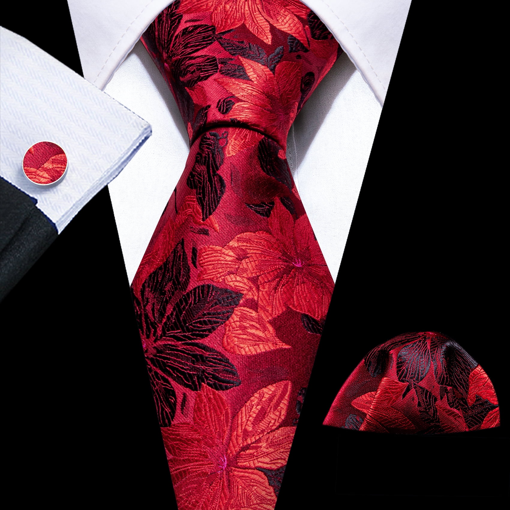 Barry.Wang Men's Tie Set with Handkerchief Cufflinks Flower Paisley ...