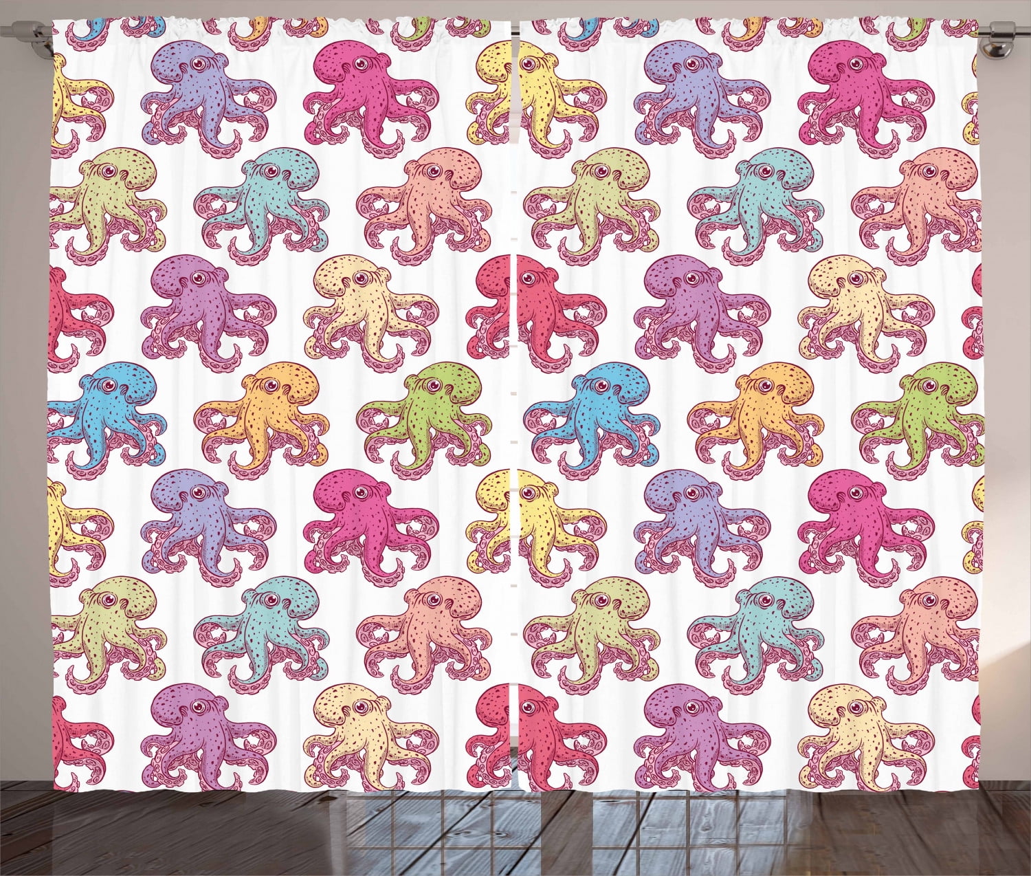 Octopus Curtains 2 Panels Set, Hand Drawn Animal Pattern with Tentacles ...