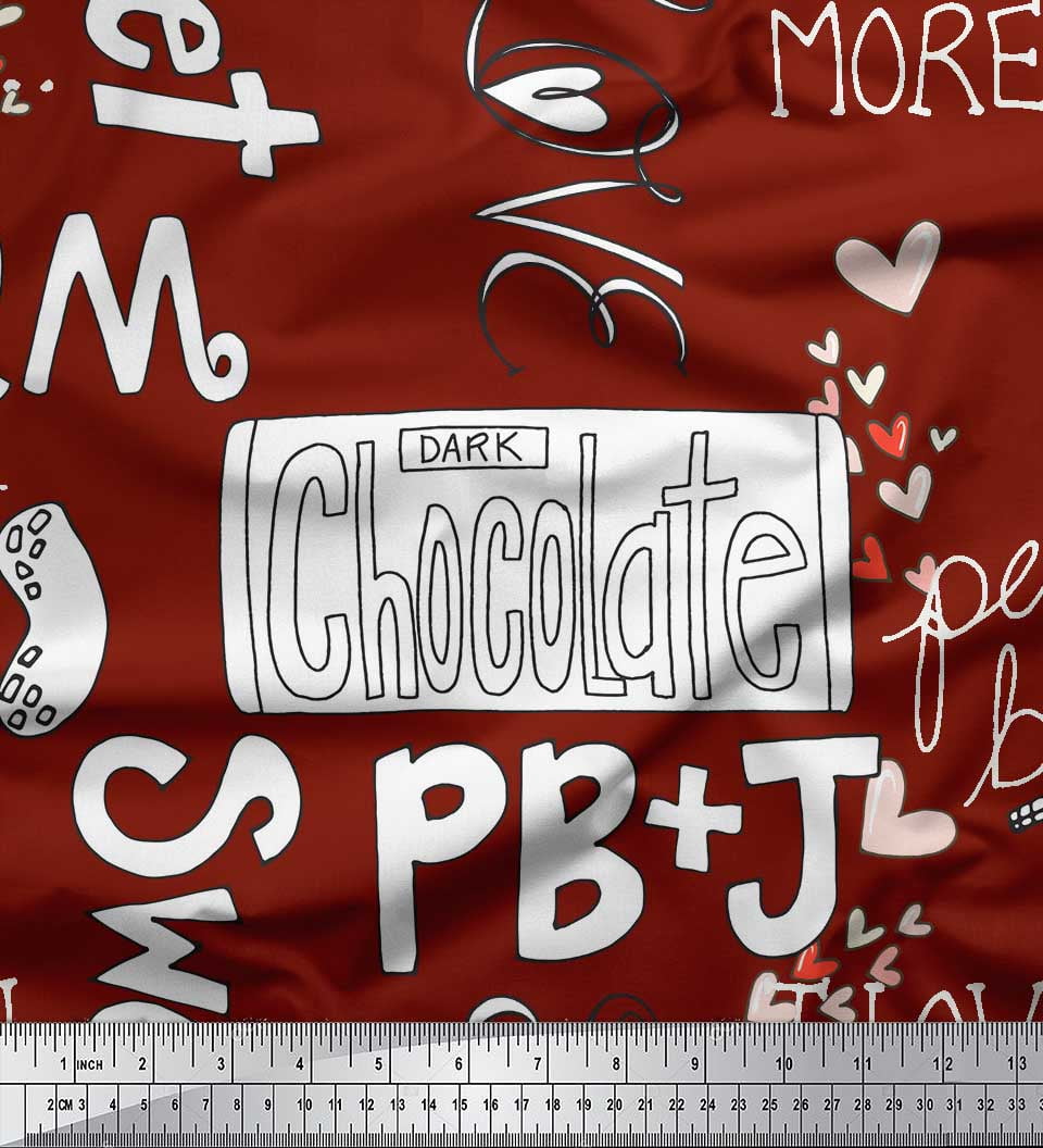 Soimoi Red polyester Crepe Fabric Heart & Love For Chocolate Text ...